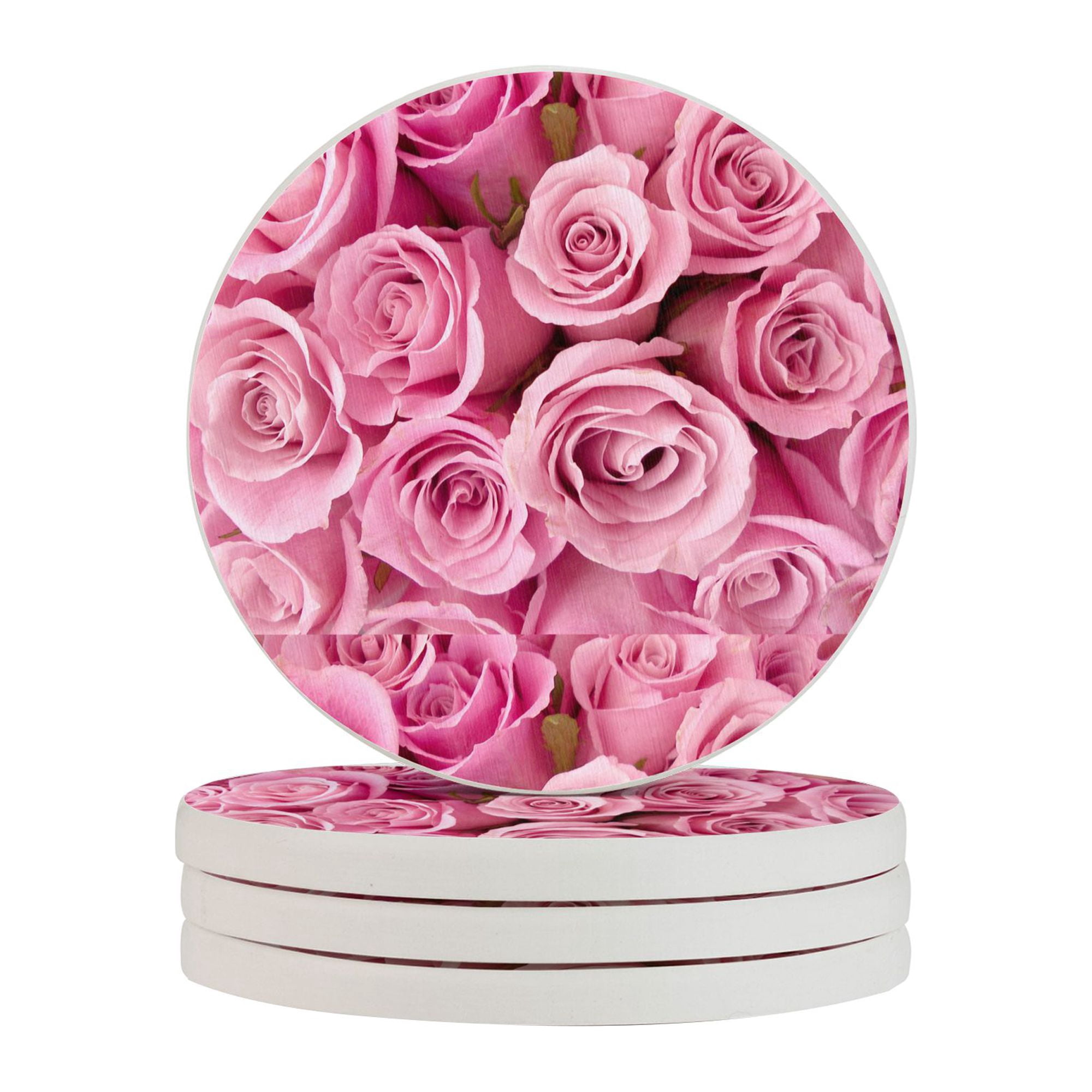 Circular Drink Coasters Set Pink Rose Flower Beautiful Home Decor ...