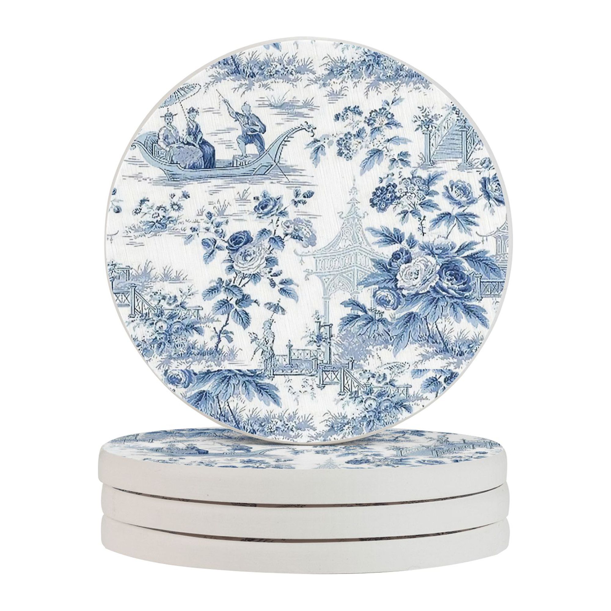 Circular Drink Coasters Set Powder Blue Chinoiserie Toile Beautiful ...