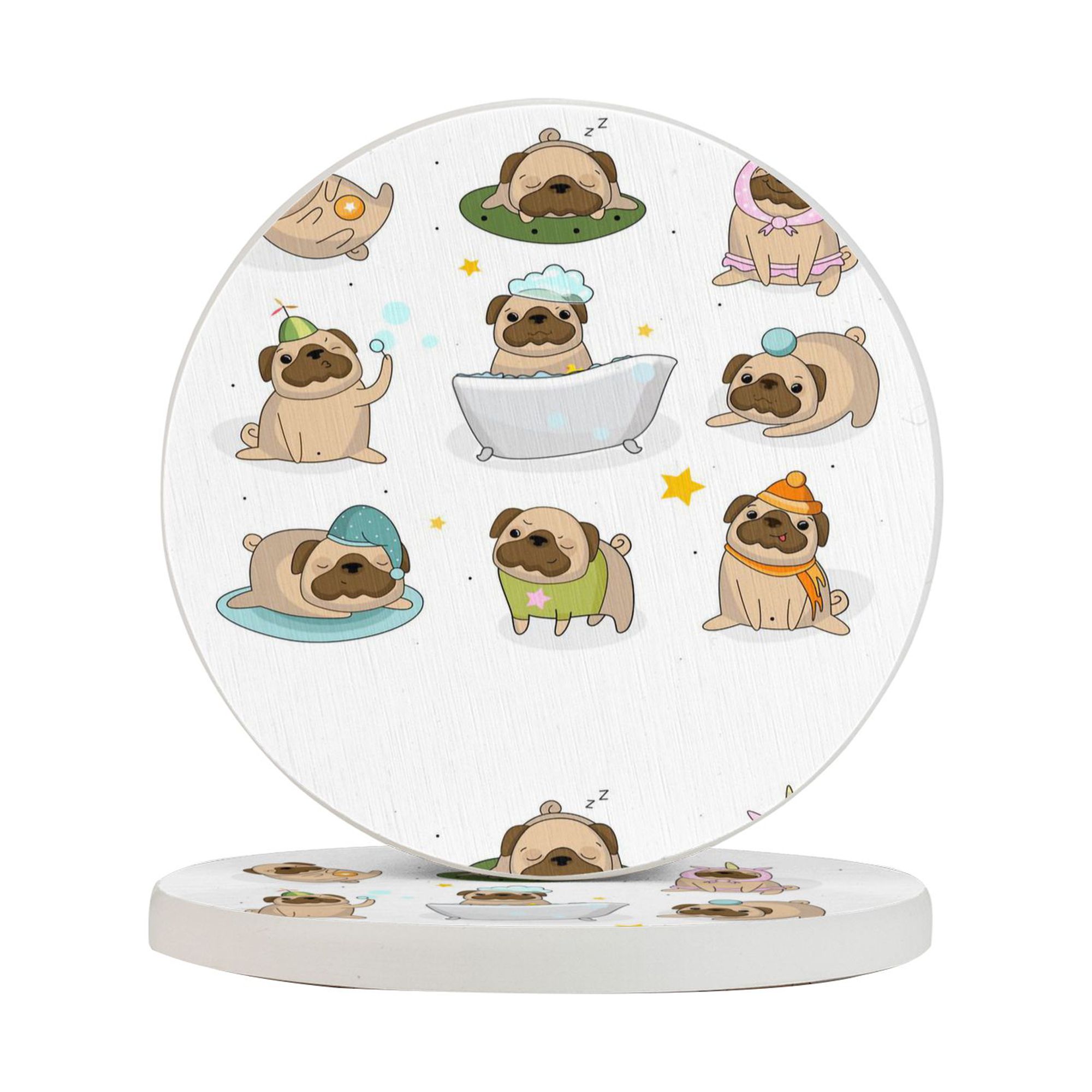 Circular Drink Coasters Set Pug Dog Set Hand Drawn Pug Stickers ...