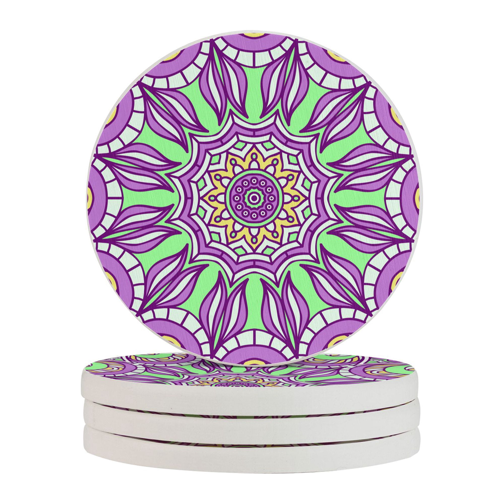 Circular Drink Coasters Set Purple And Green Mandala Seamless Pattern ...