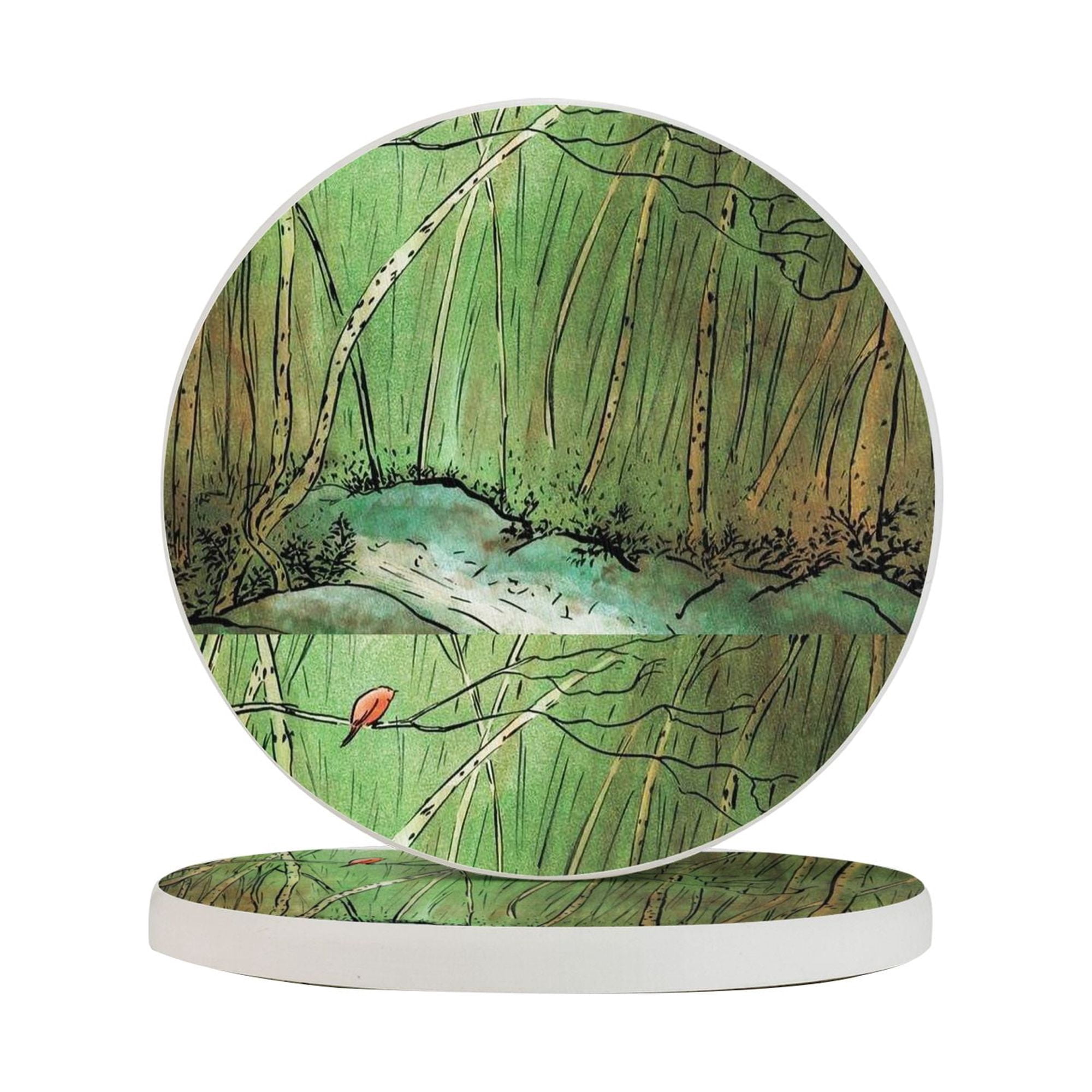 Circular Drink Coasters Set Red Bird On Forest Beautiful Home Decor ...