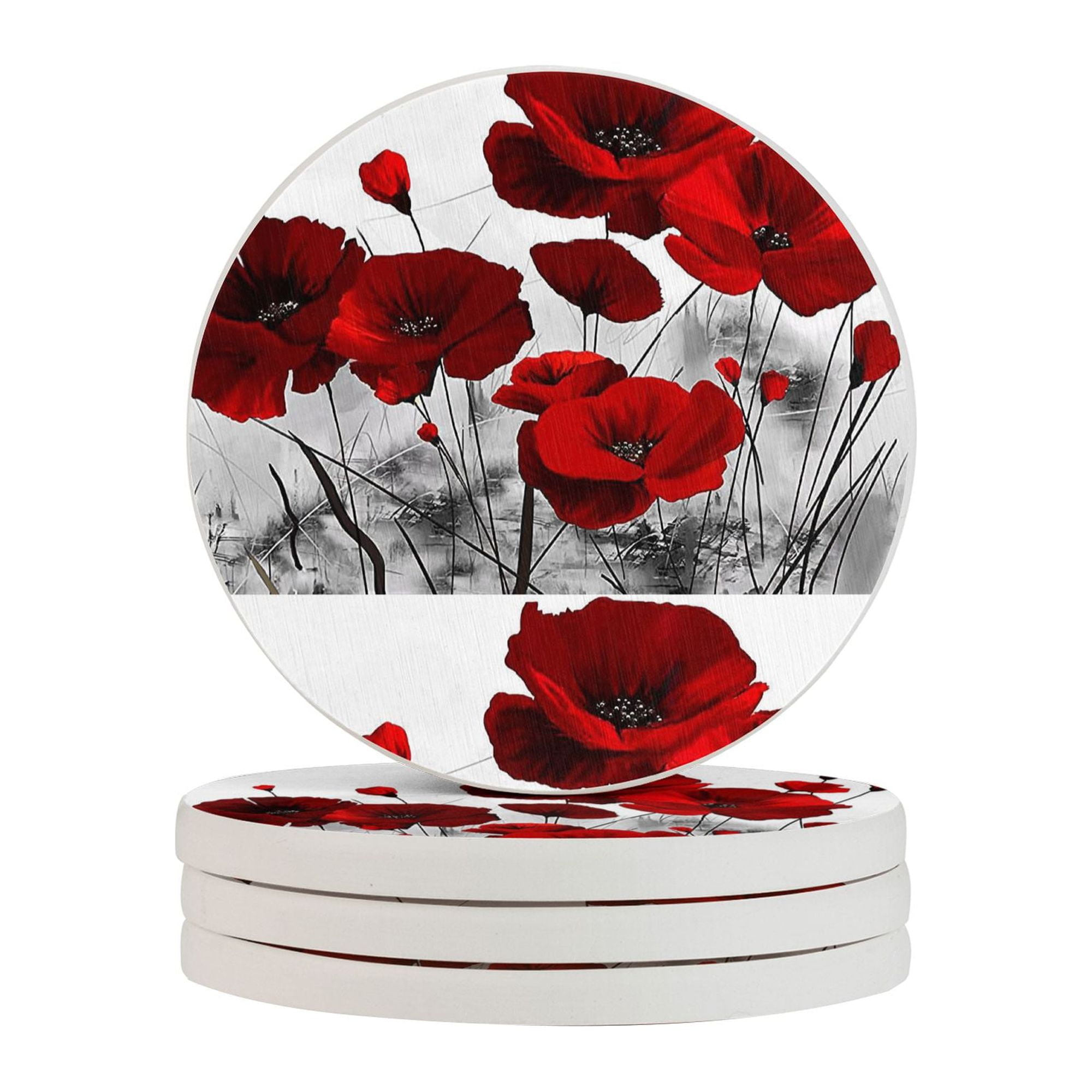 Circular Drink Coasters Set Red Poppy Flower Beautiful Home Decor ...