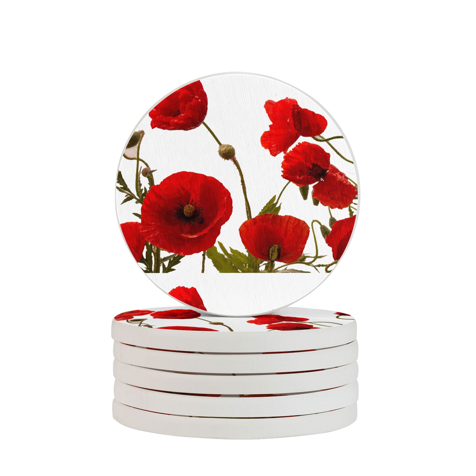 Circular Drink Coasters Set Red Poppy Flowers Choose Background Color ...