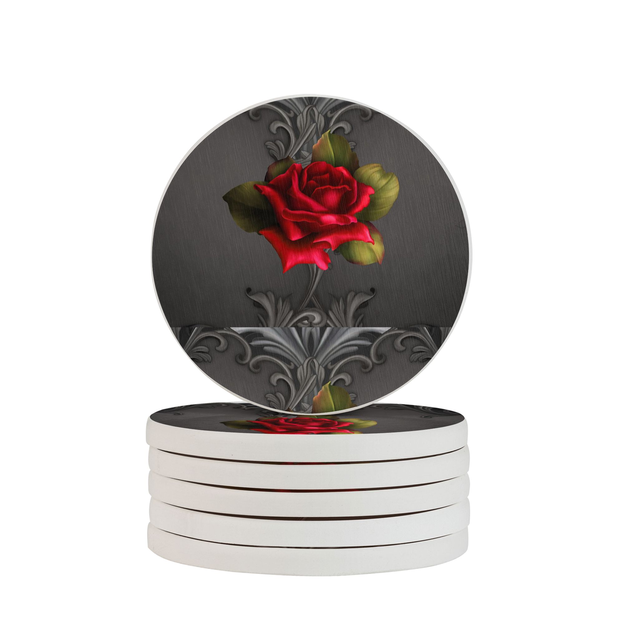 Circular Drink Coasters Set Red Rose Black Ornamental Glam Beautiful ...