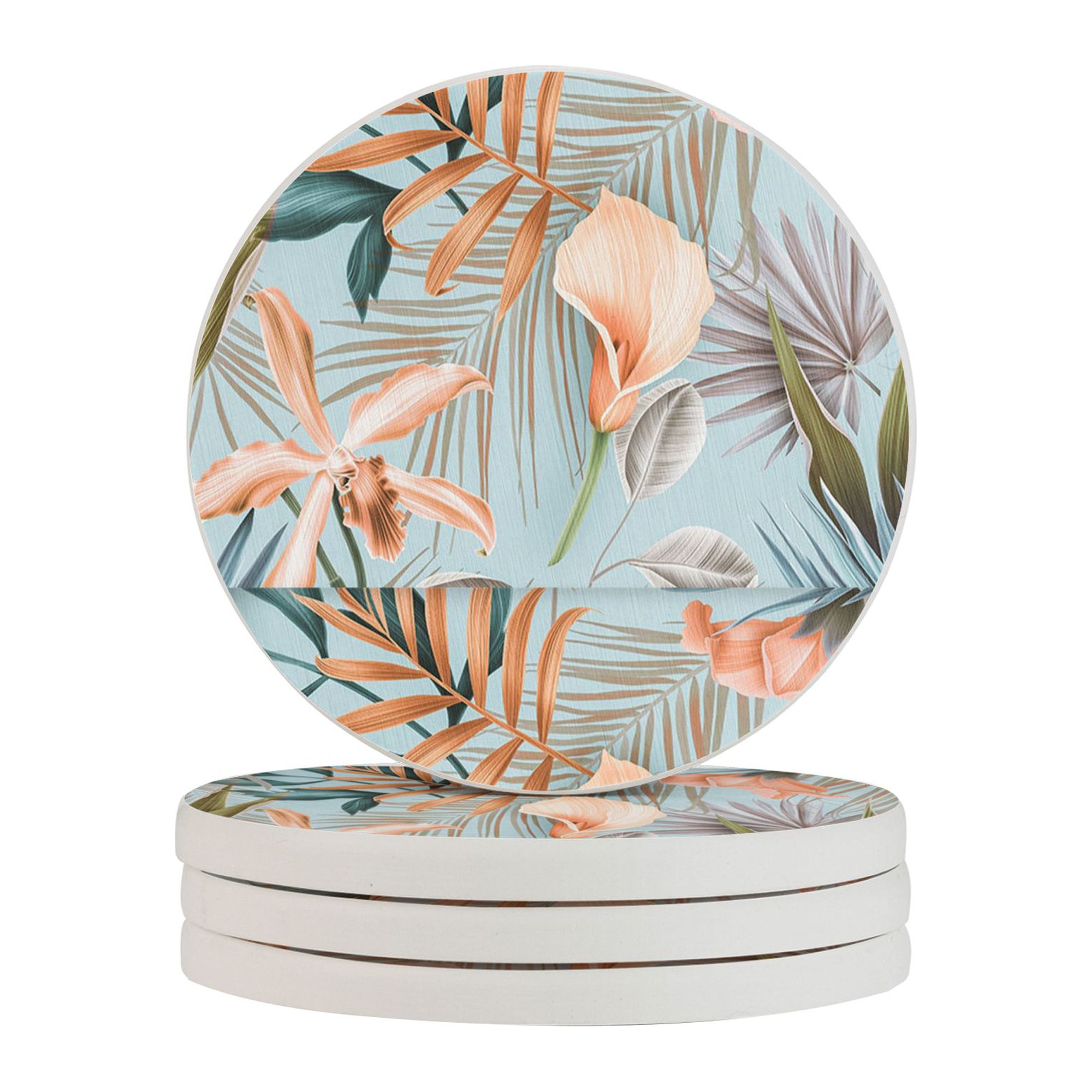 Circular Drink Coasters Set Seamless Tropical Flower Plant Beautiful ...