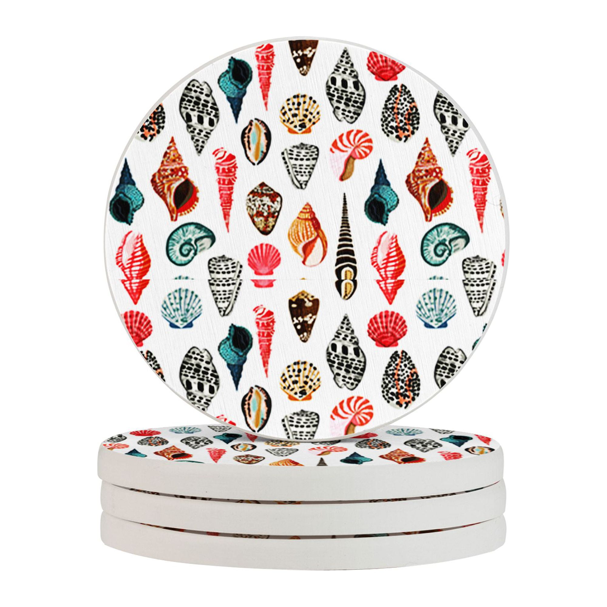 Circular Drink Coasters Set Shells Sea Ocean Nautical White Beautiful ...