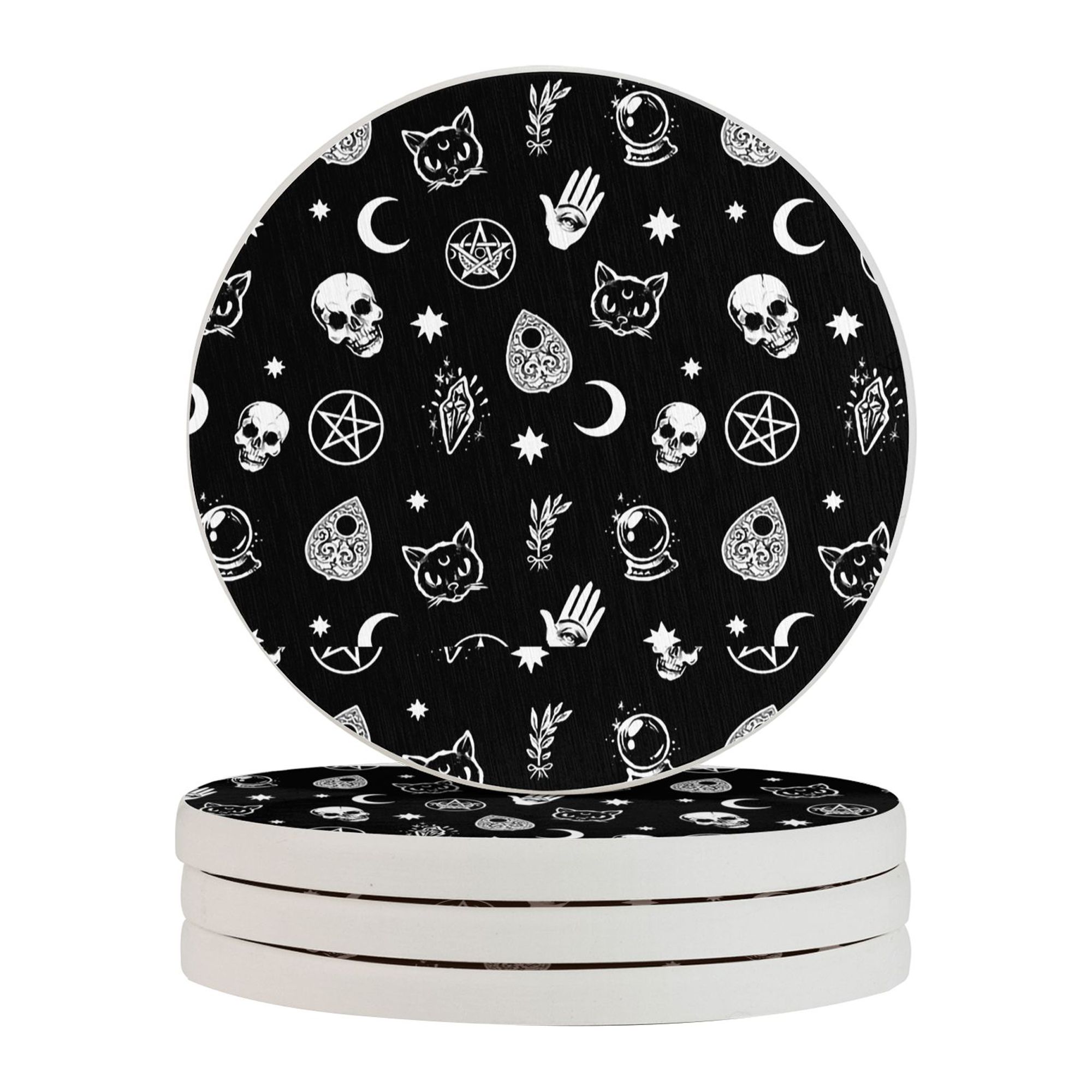 Circular Drink Coasters Set Skull Cat Moon Gothic Pattern Beautiful ...
