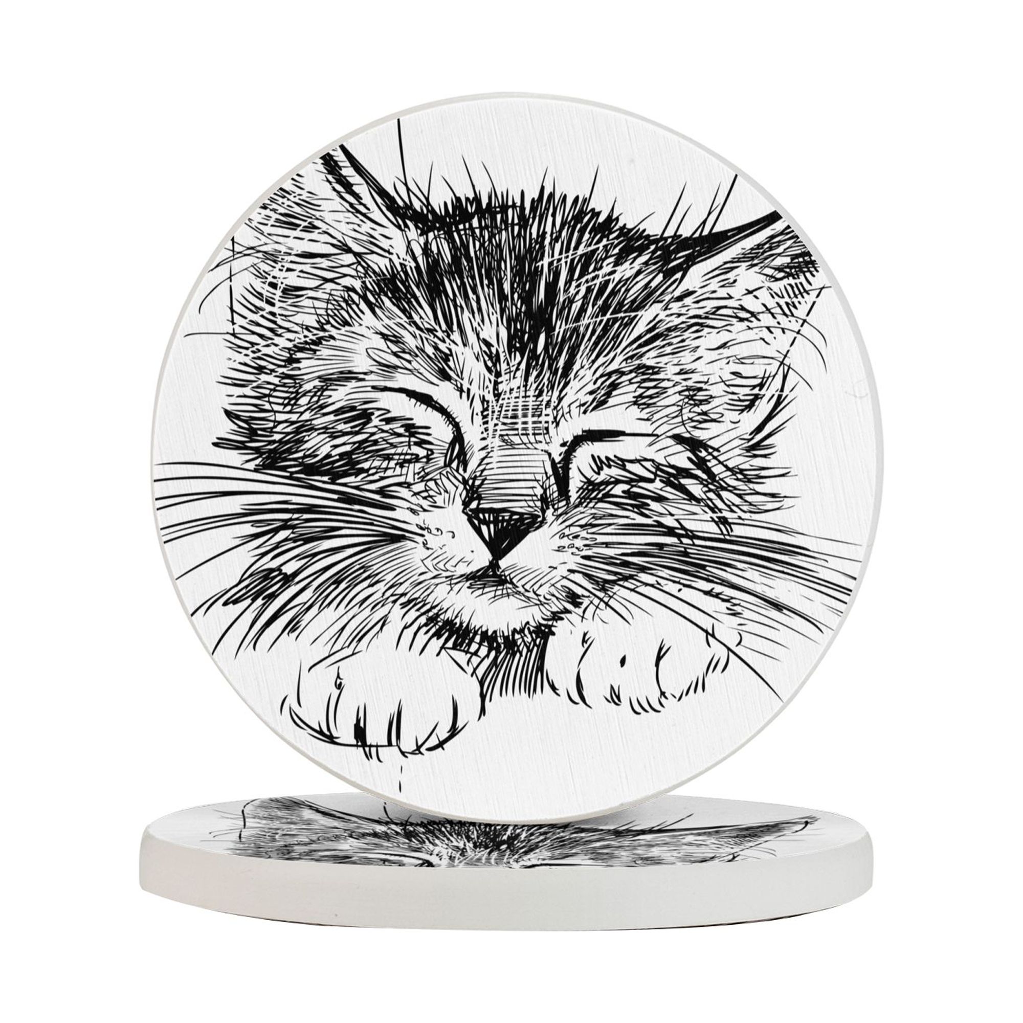 Circular Drink Coasters Set Sleeping Sad Cat Drawing Beautiful Home ...