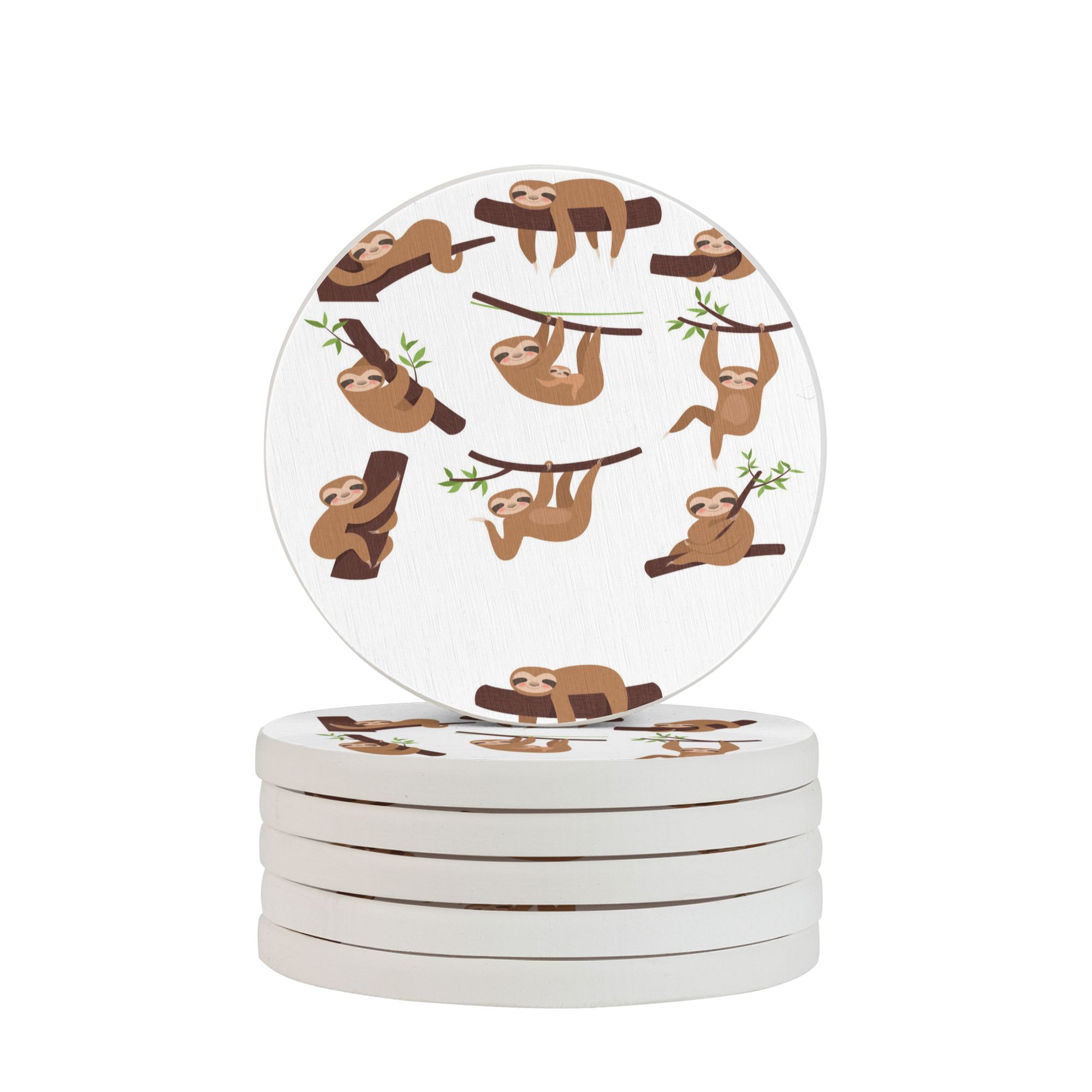 Circular Drink Coasters Set Sloth On Branch Cute Little Child Beautiful ...