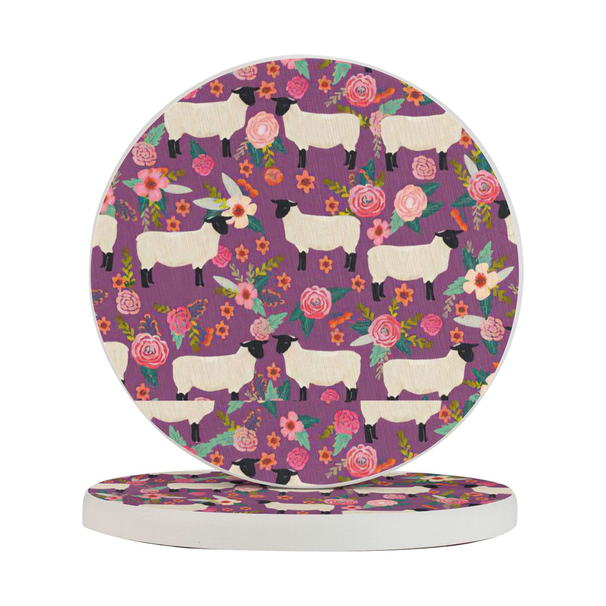 Circular Drink Coasters Set Suffolk Sheep Floral Sheep Farm Design ...