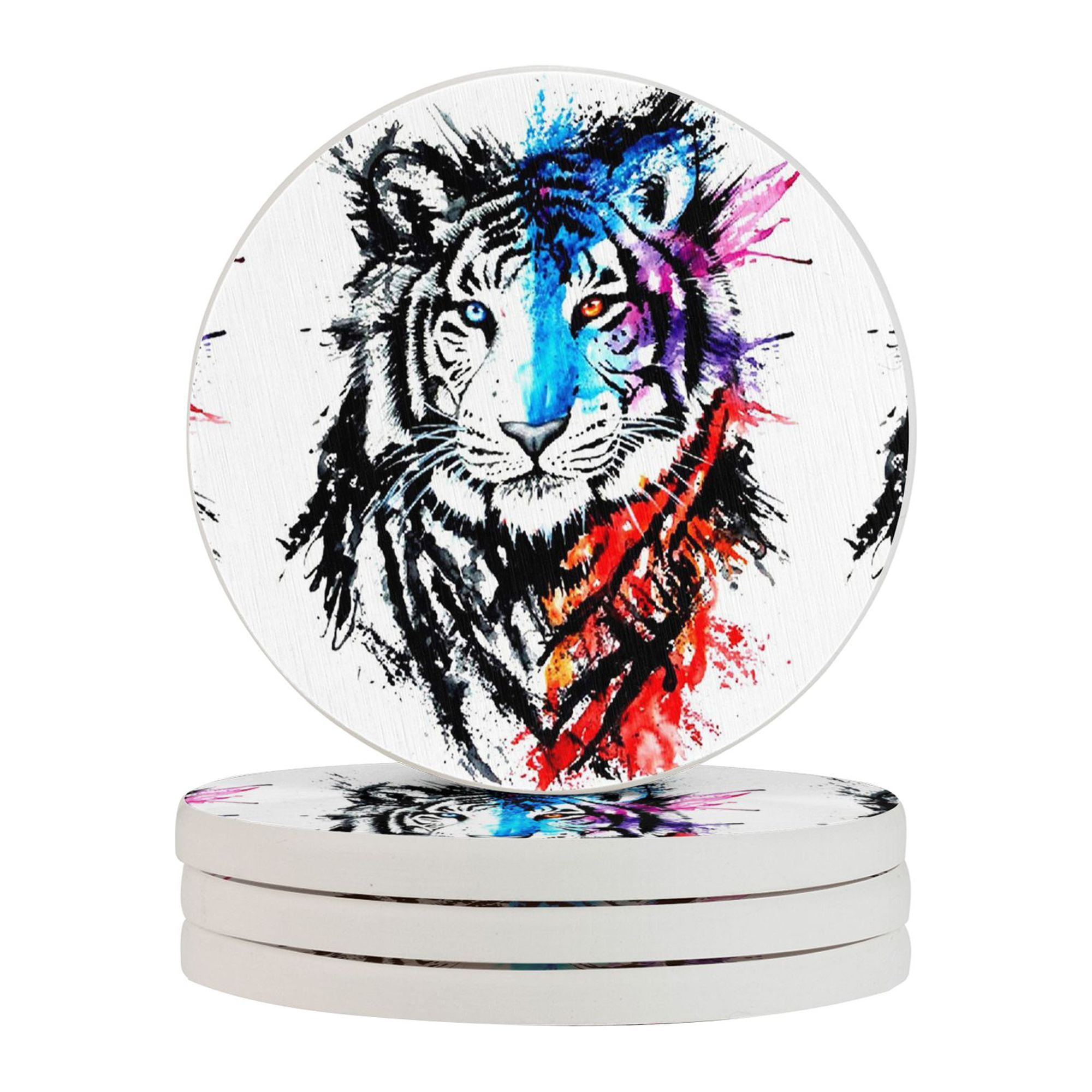 Circular Drink Coasters Set Tiger Art Drawing Beautiful Home Decor ...