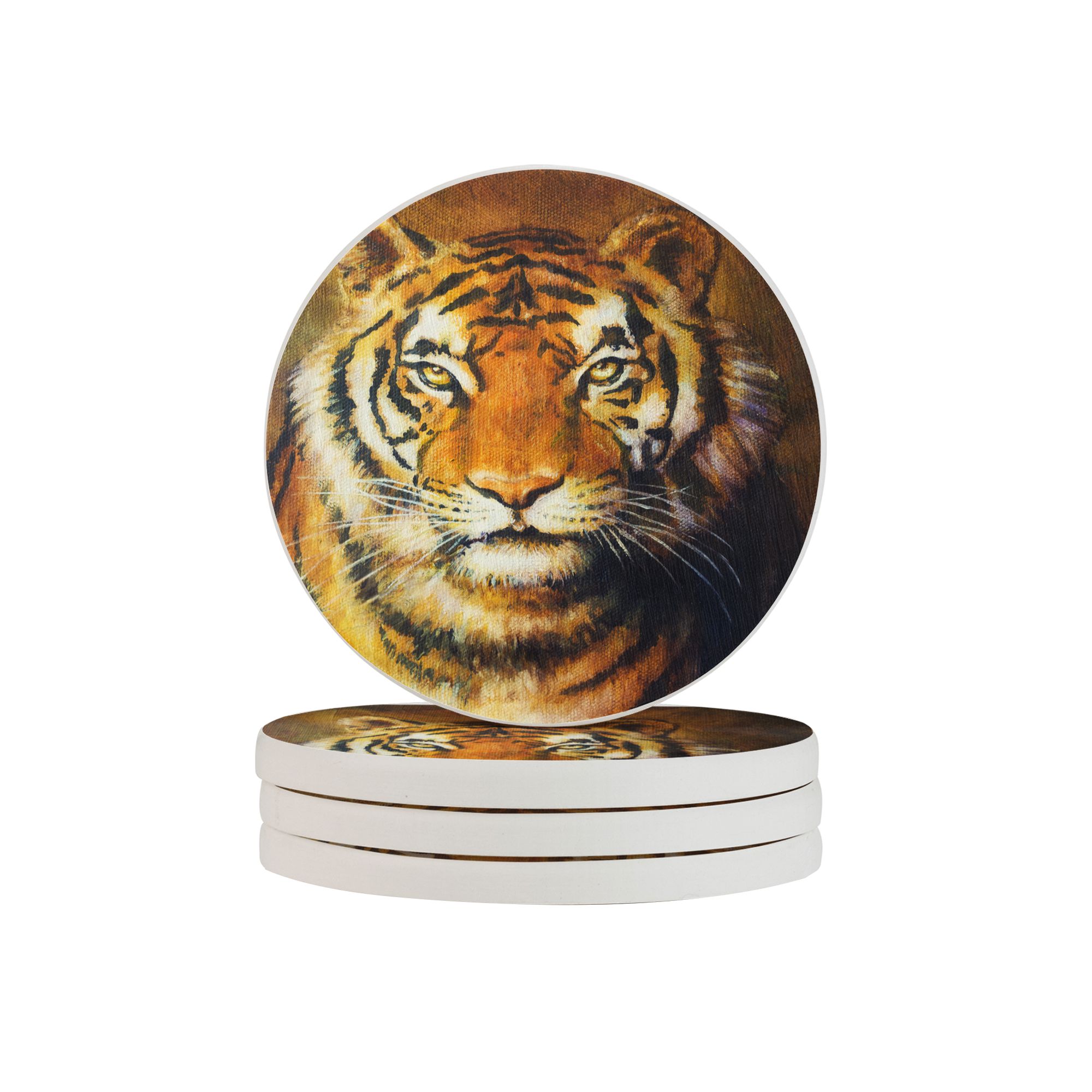 Circular Drink Coasters Set Tiger Oil Painting Style Big Cat Purposeful ...