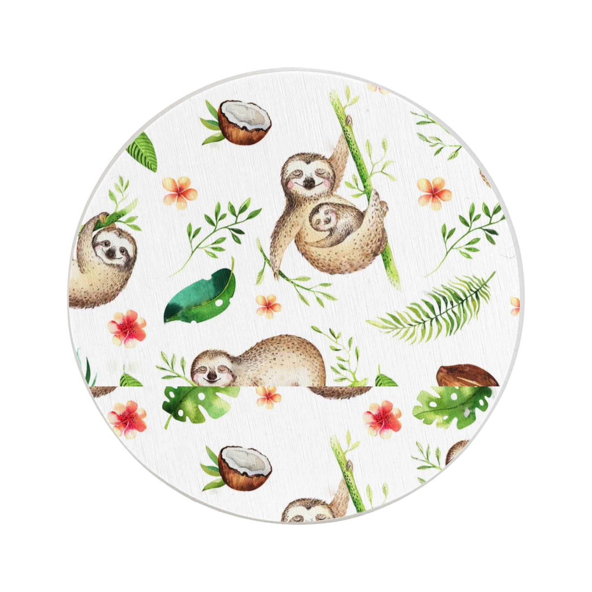 Circular Drink Coasters Set Tropical Leaves Sloth Beautiful Home Decor ...