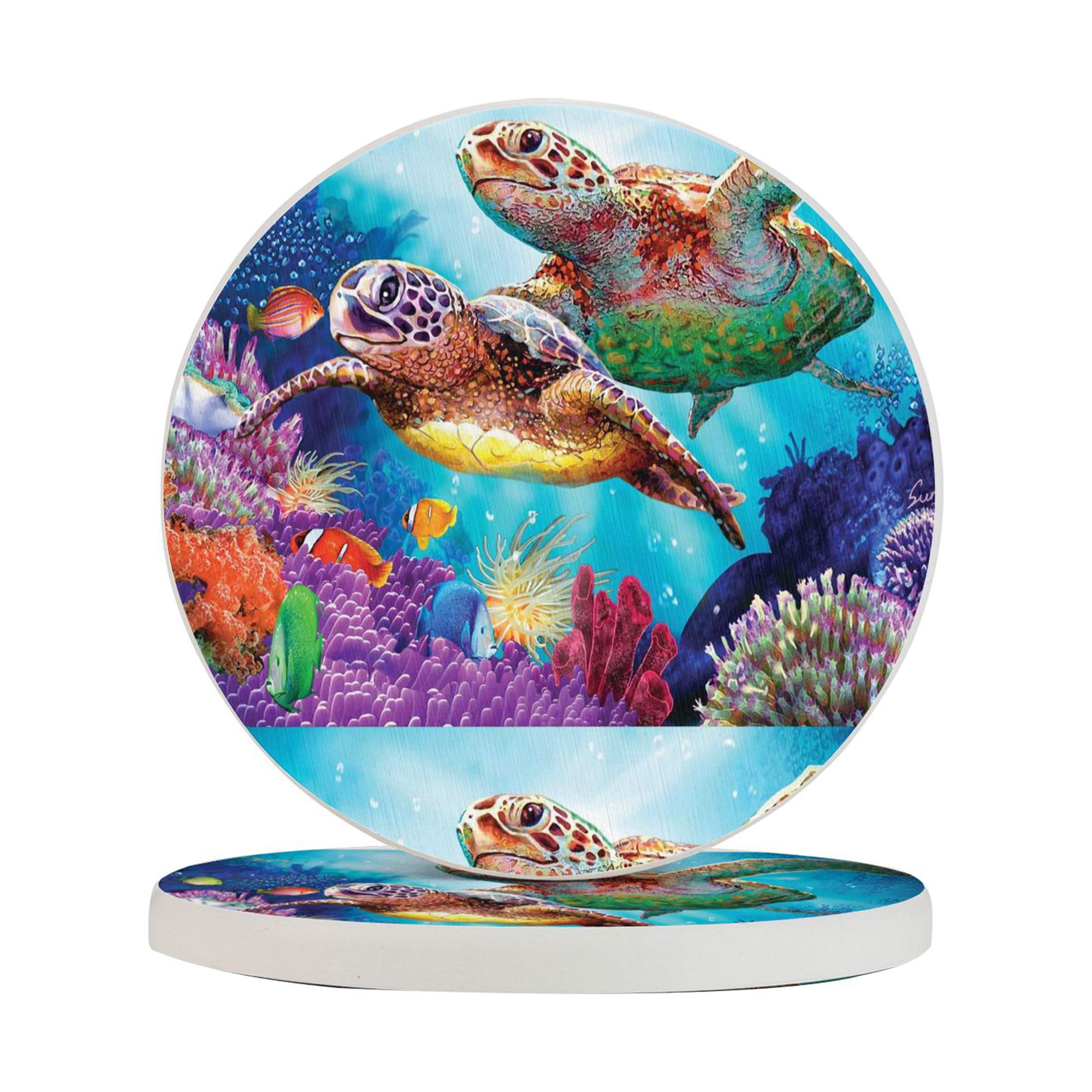 Circular Drink Coasters Set Turtle Underwater World Beautiful Home ...