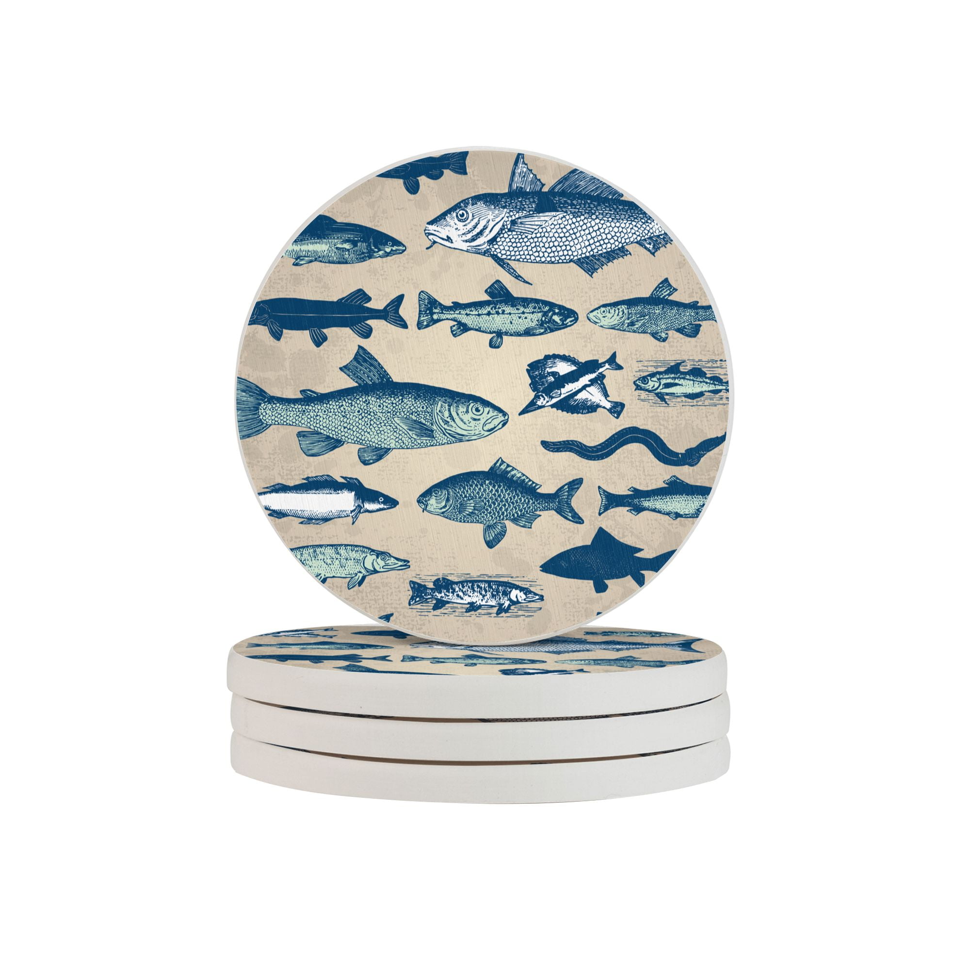 Circular Drink Coasters Set Vintage Fish Drawing Animals Wildlife ...