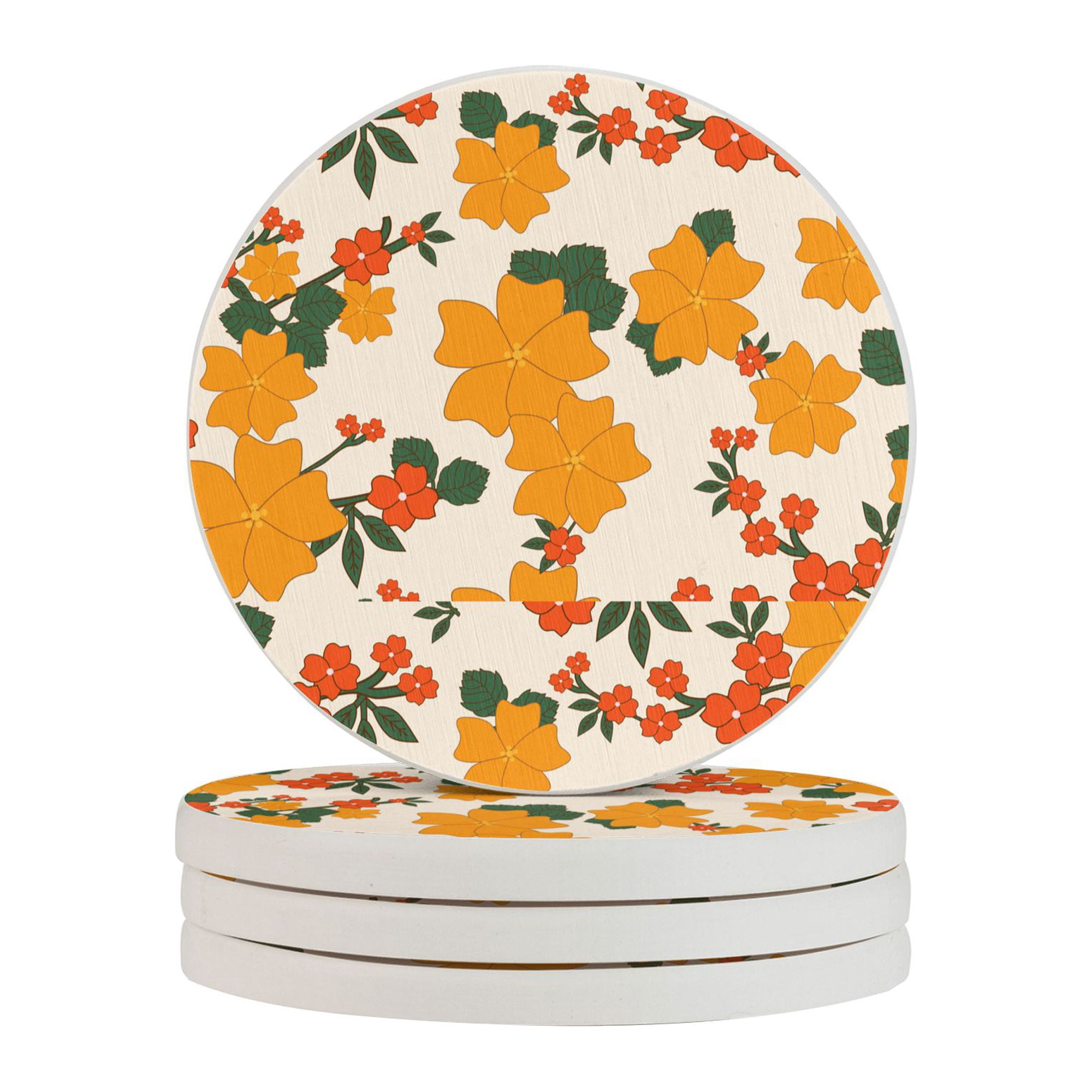 Circular Drink Coasters Set Vintage Floral Wallpaper Orange Beautiful ...