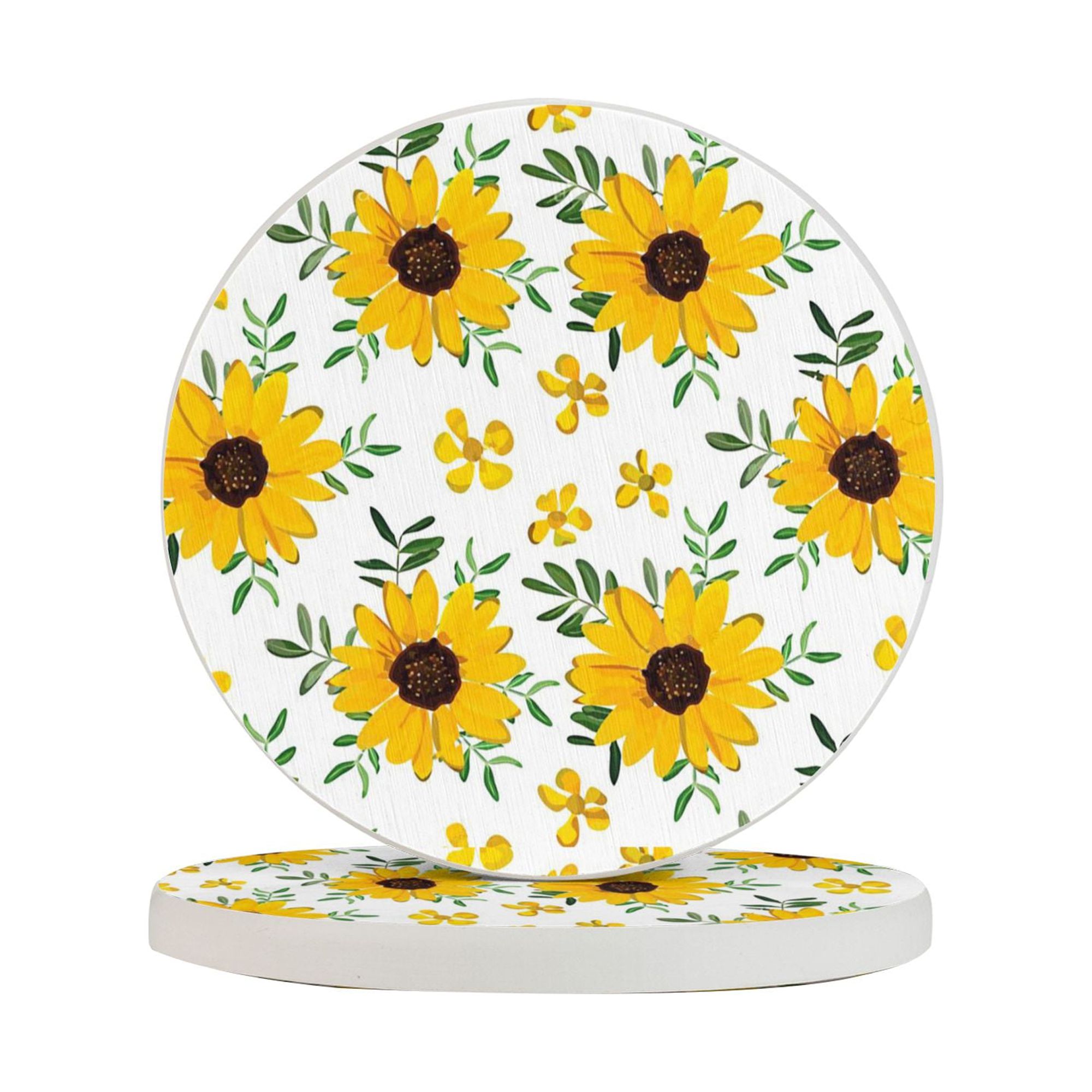 Circular Drink Coasters Set Vintage Yellow Sunflower Beautiful Home ...