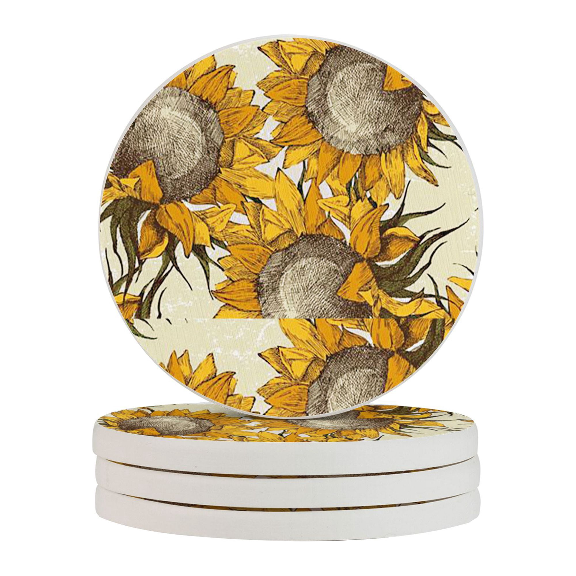 Circular Drink Coasters Set Vintage Yellow Sunflowers Beautiful Home ...