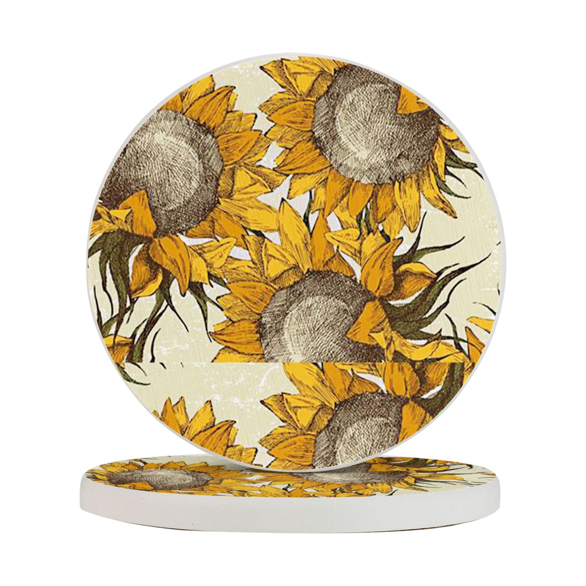 Circular Drink Coasters Set Vintage Yellow Sunflowers Beautiful Home ...