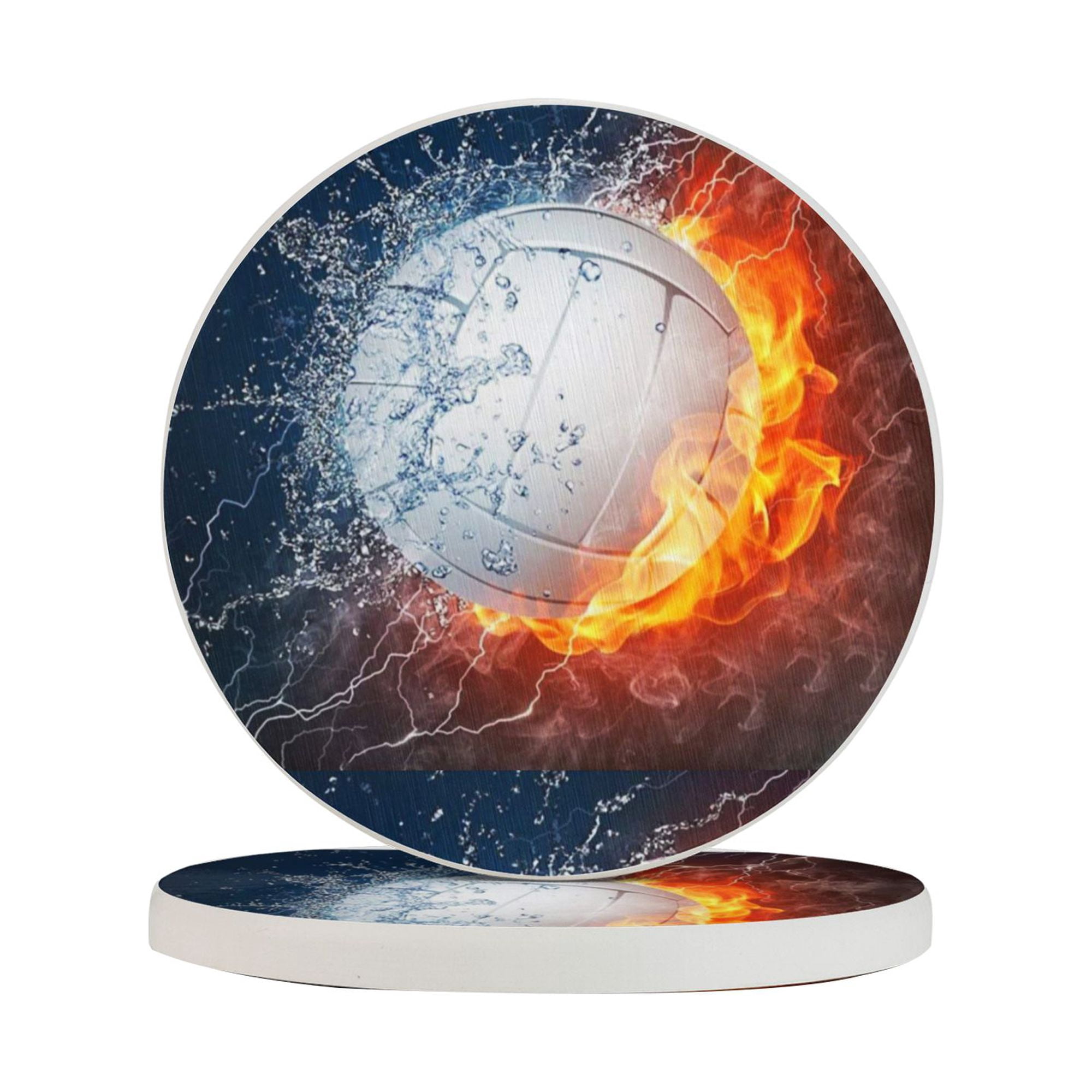 Circular Drink Coasters Set Volleyball On Fire Water Flame Beautiful ...
