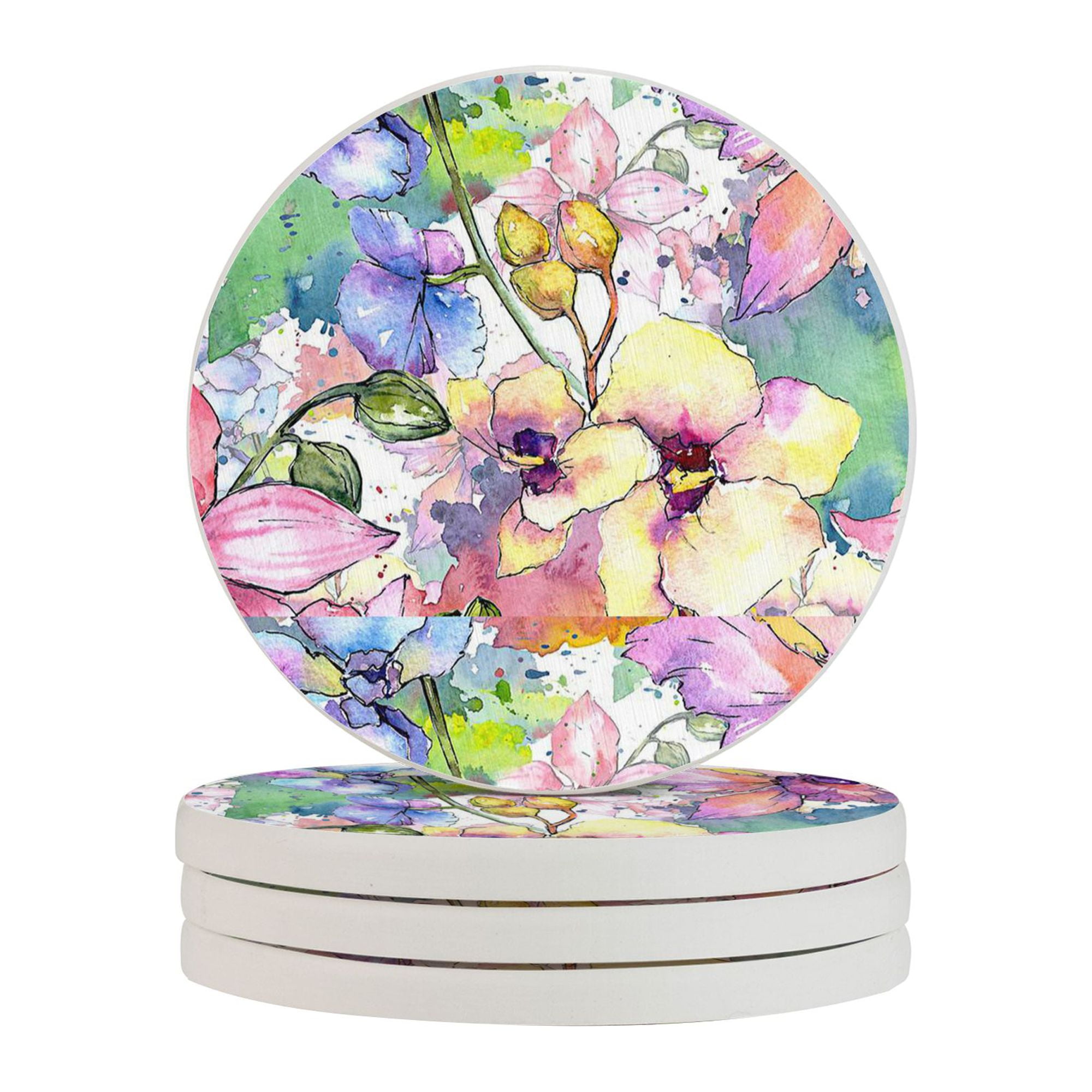Circular Drink Coasters Set Watercolor Flower Design Beautiful Home ...