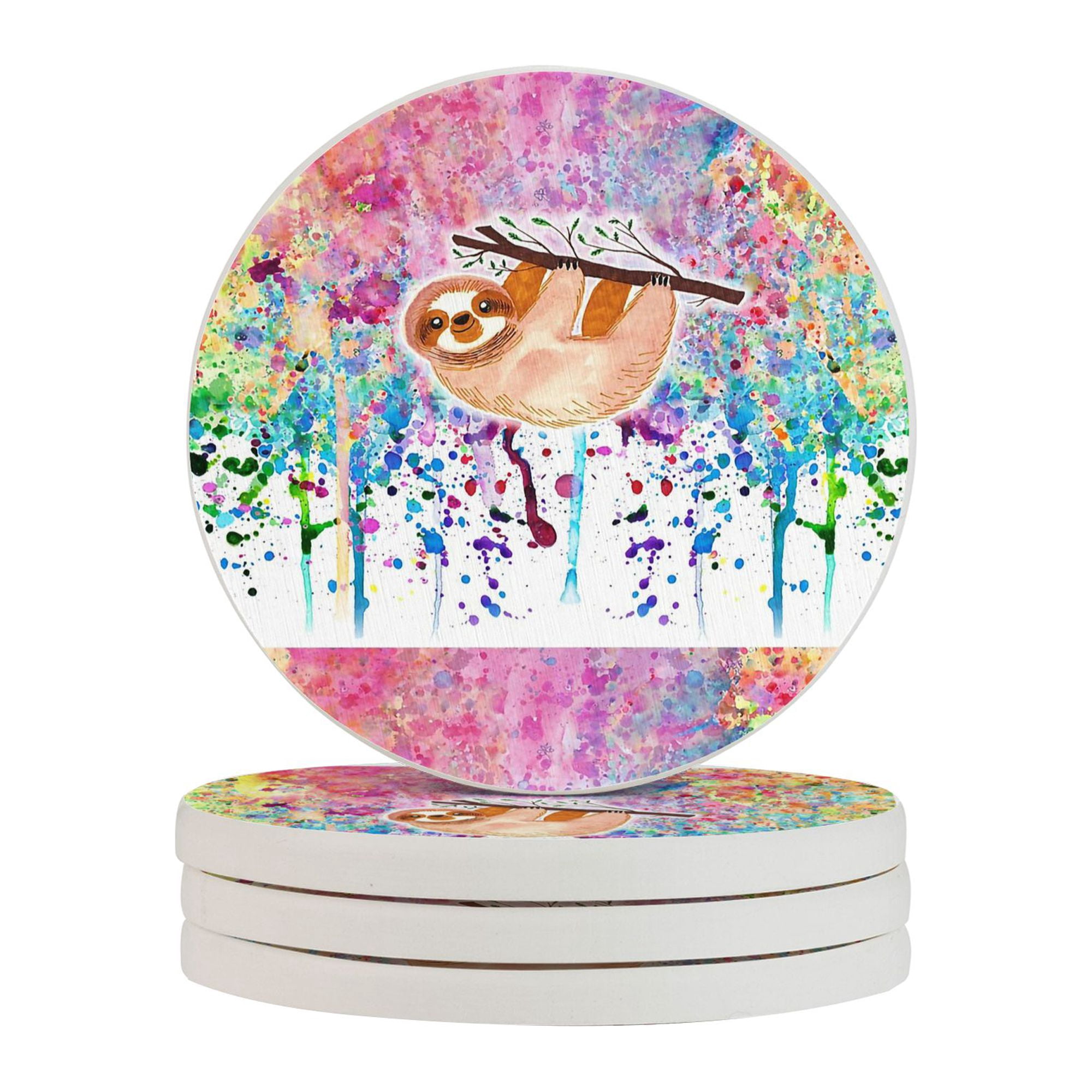 Circular Drink Coasters Set Watercolor Sloth Beautiful Home Decor ...