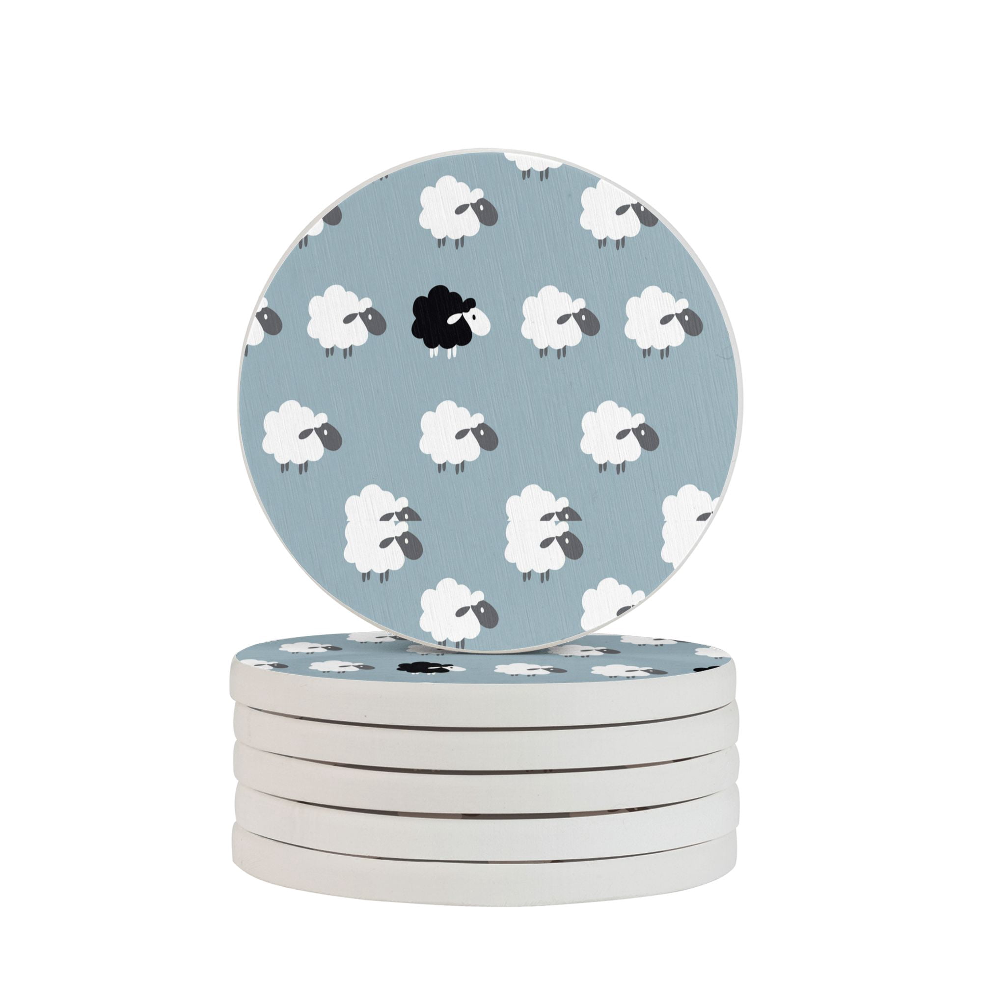 Circular Drink Coasters Set White Black Cartoon Sheep Pattern Beautiful ...