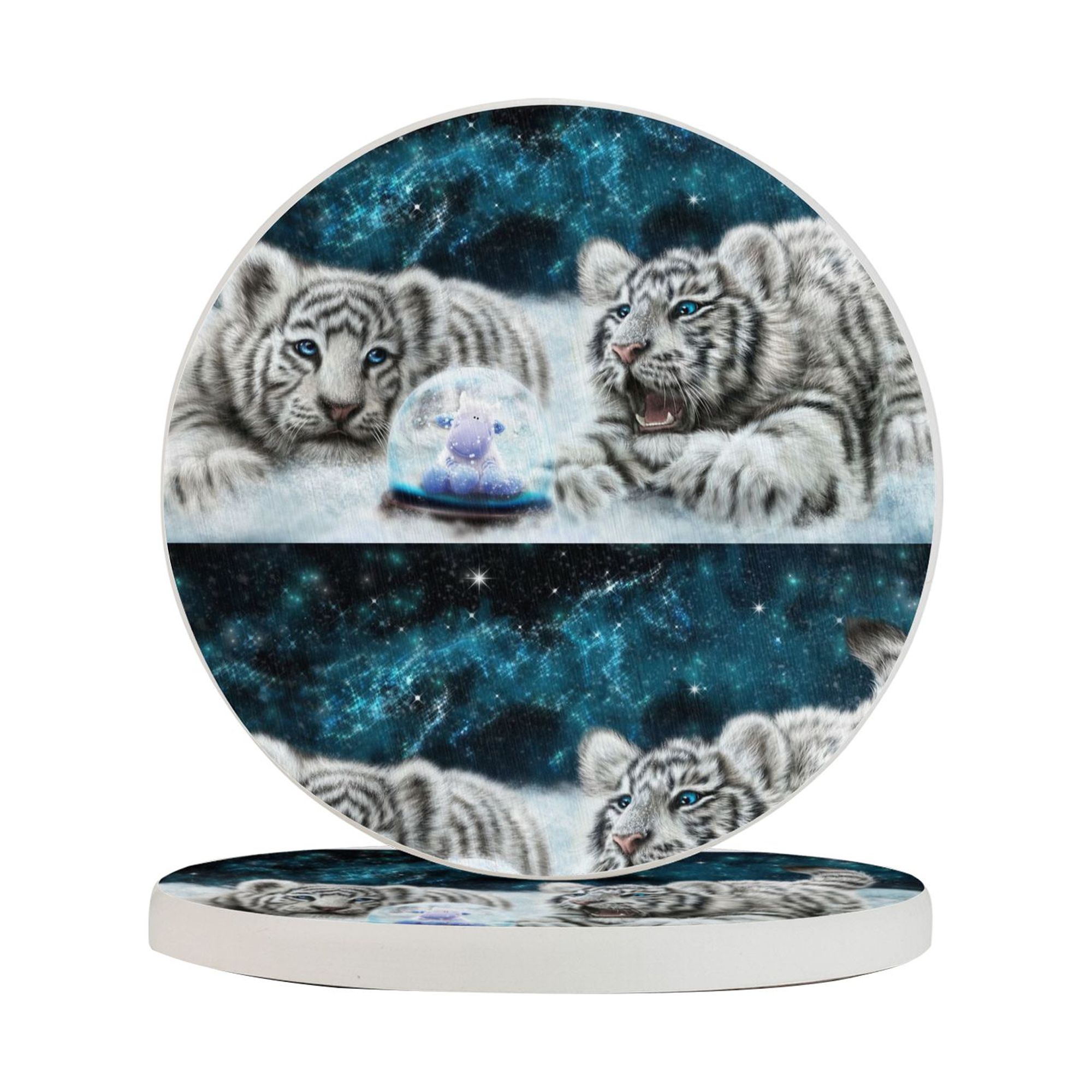 Circular Drink Coasters Set White-Tiger-Cubs-Looking-At-The-Snowglobe ...