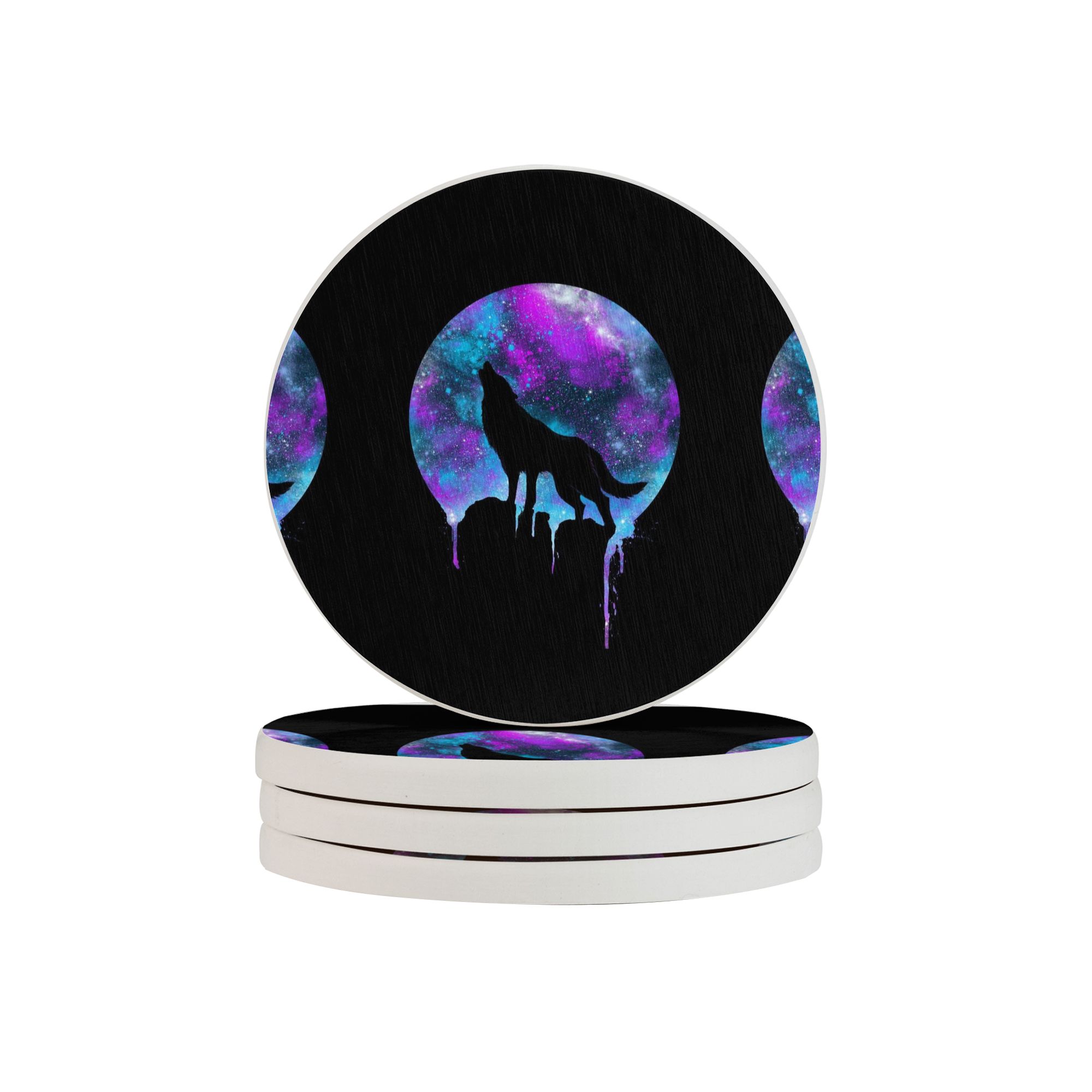 Circular Drink Coasters Set Wolf Space Moon Beautiful Home Decor ...