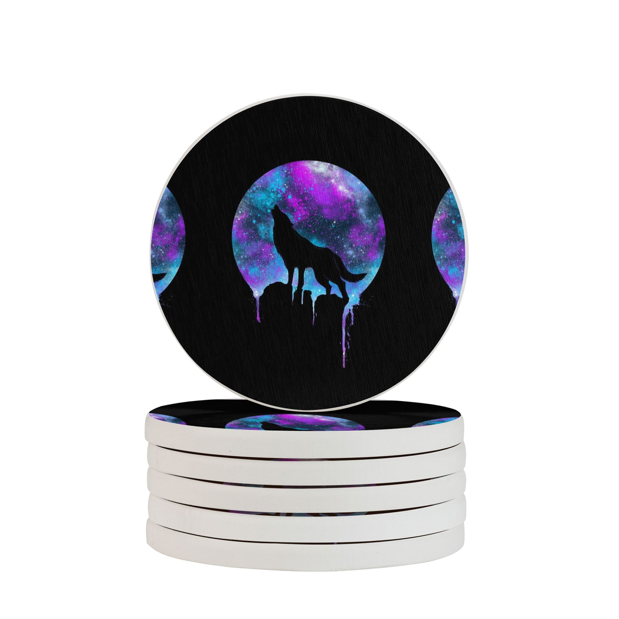Circular Drink Coasters Set Wolf Space Moon Beautiful Home Decor ...