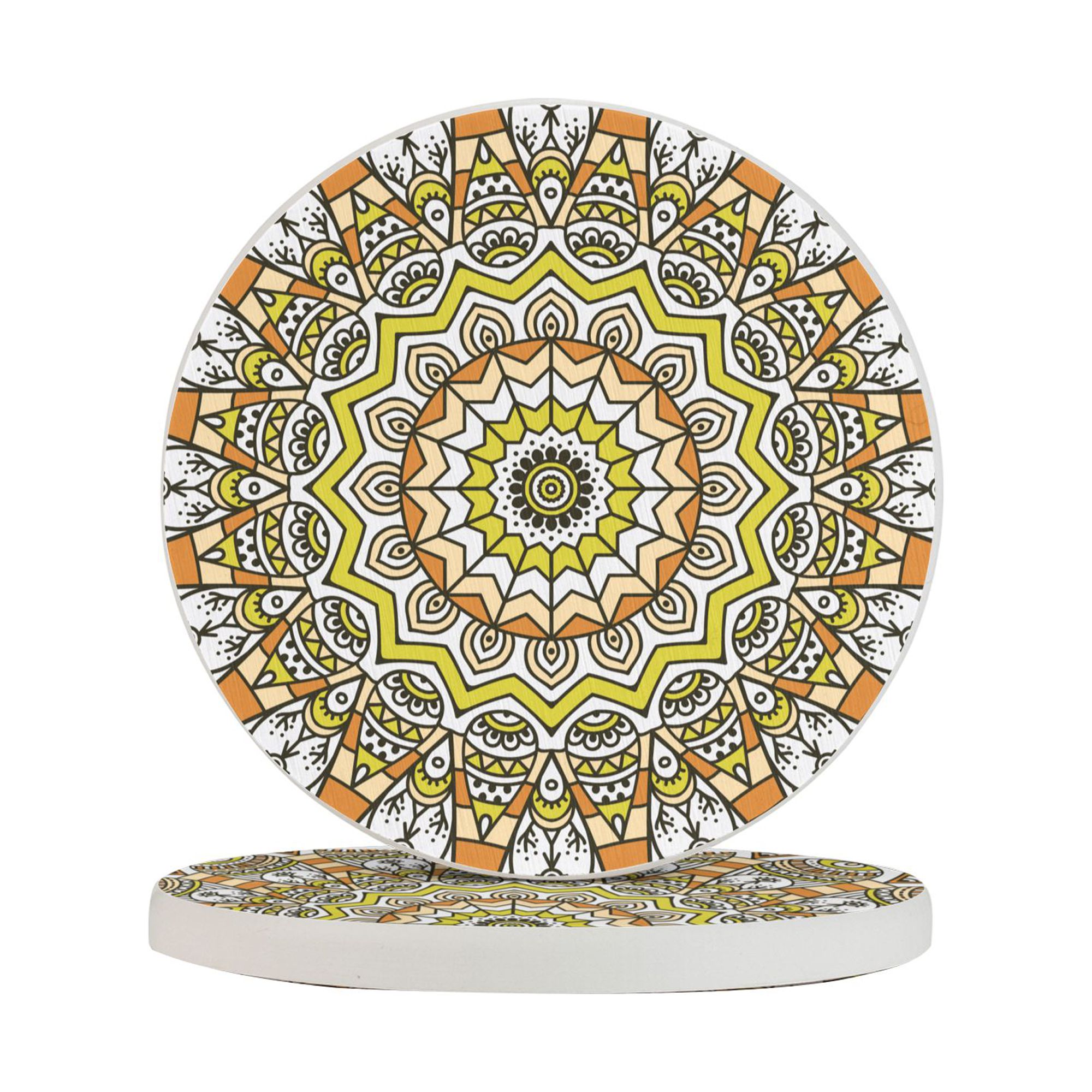 Circular Drink Coasters Set Yellow Mandala Seamless Pattern Beautiful ...