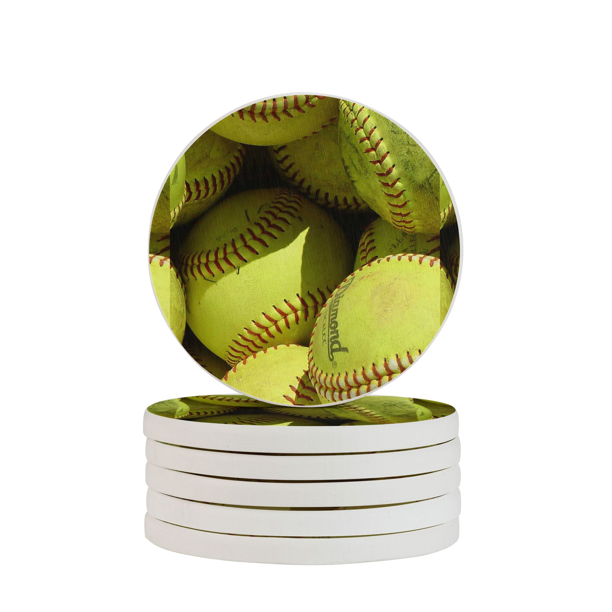 Circular Drink Coasters Set Yellow Softball Beautiful Home Decor ...