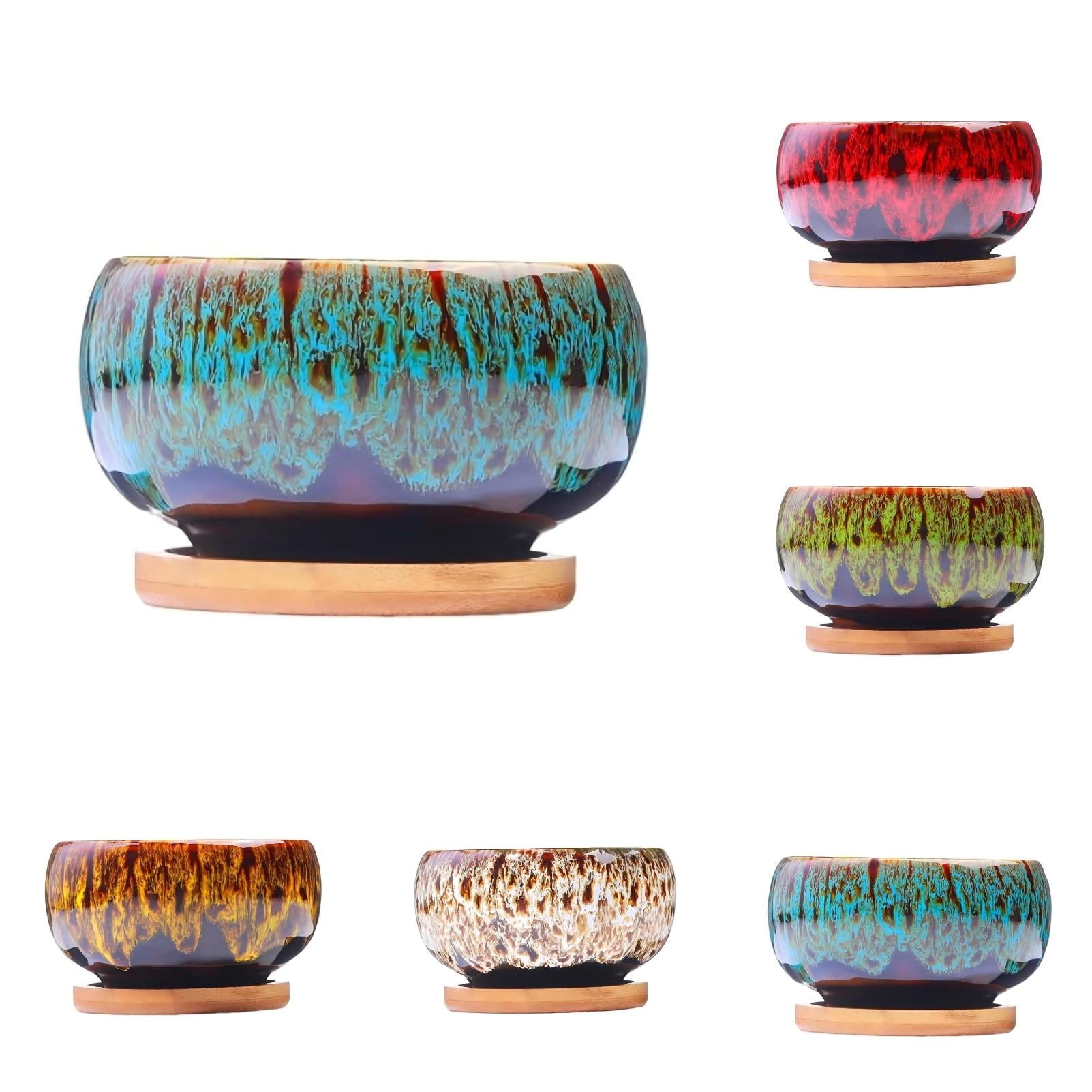 Circular Glazed Ceramic Pottery Planter Set Flower Pots - Unique Kiln ...