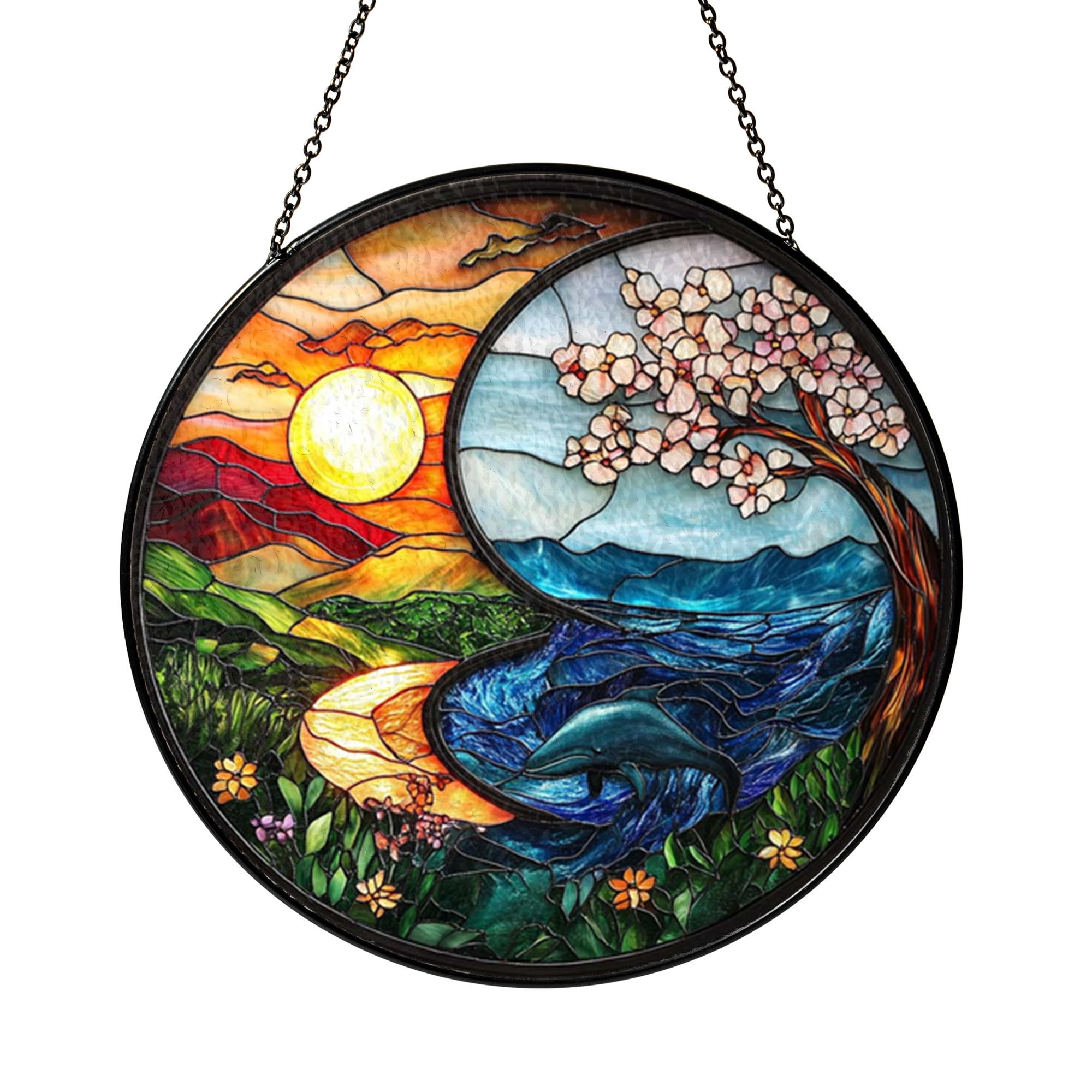Circular Landscape Stained Glass Suncatcher – Ocean Inspired Window Art ...