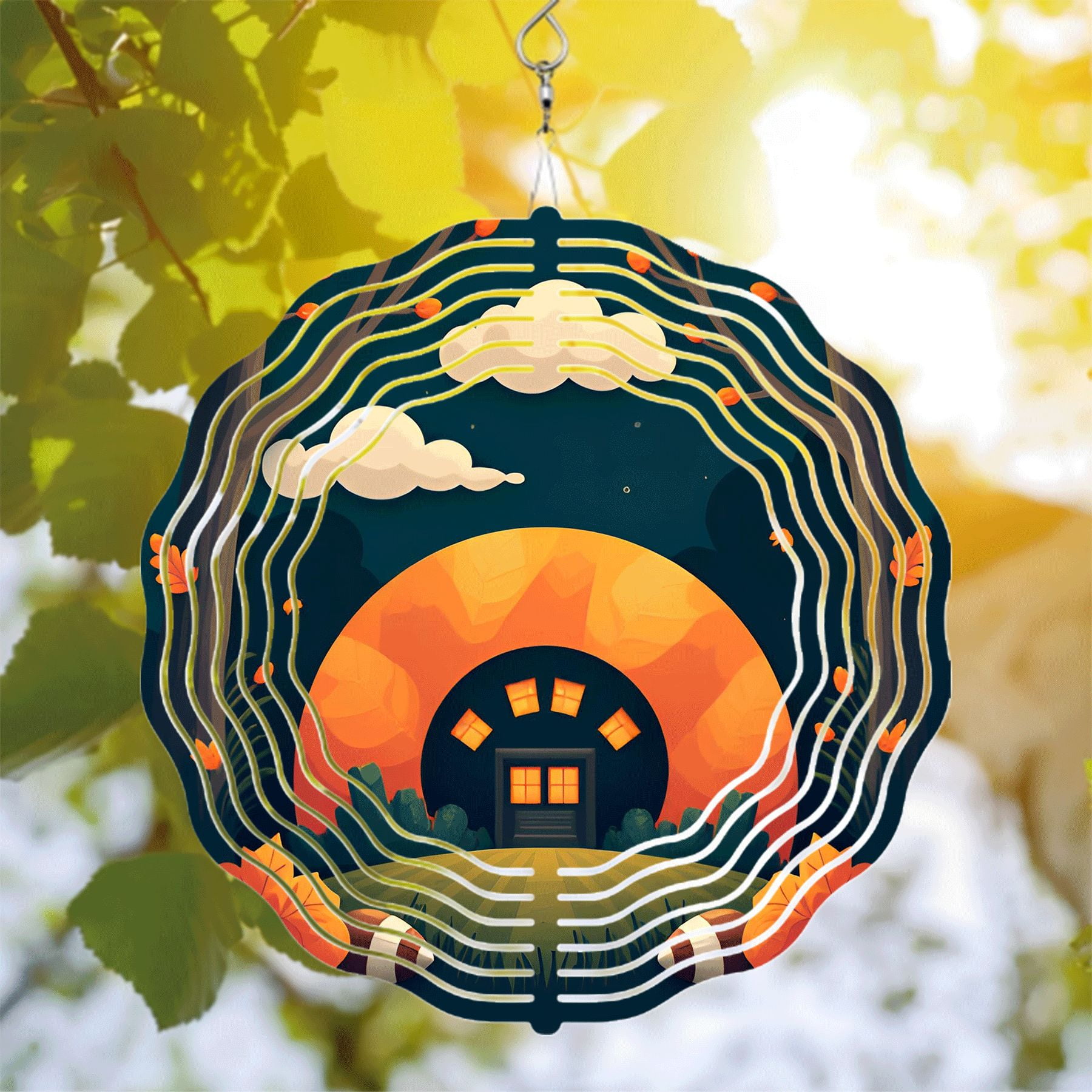 Circular Metal Hanging Wind Spinner with Concentric Lines - Vibrant ...