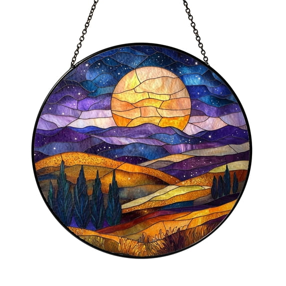 Circular Moon and Trees Stained Glass Suncatcher, Calm Woodland Design ...