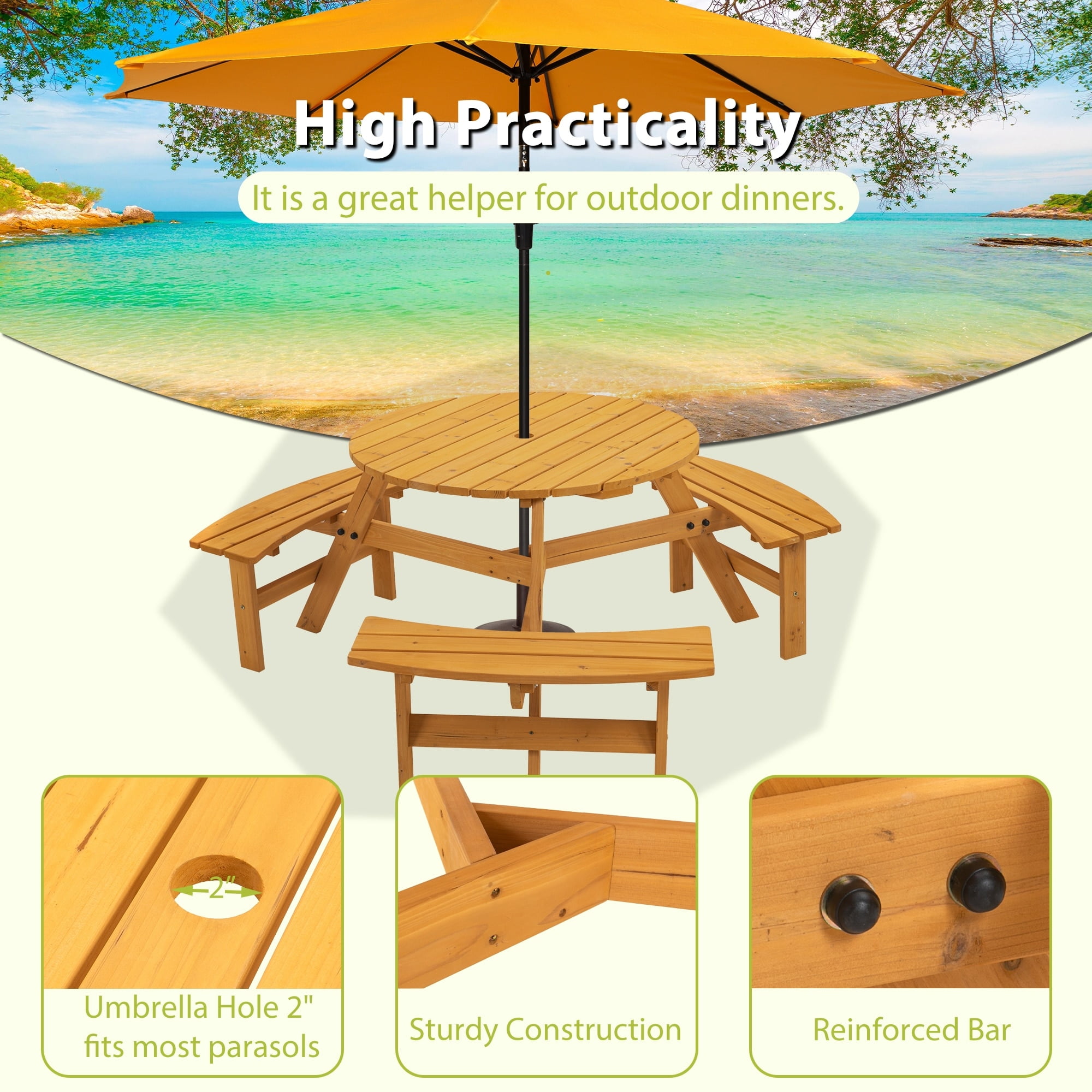 Circular Outdoor Wooden Picnic Dining Set - Patio Table with Built-in ...