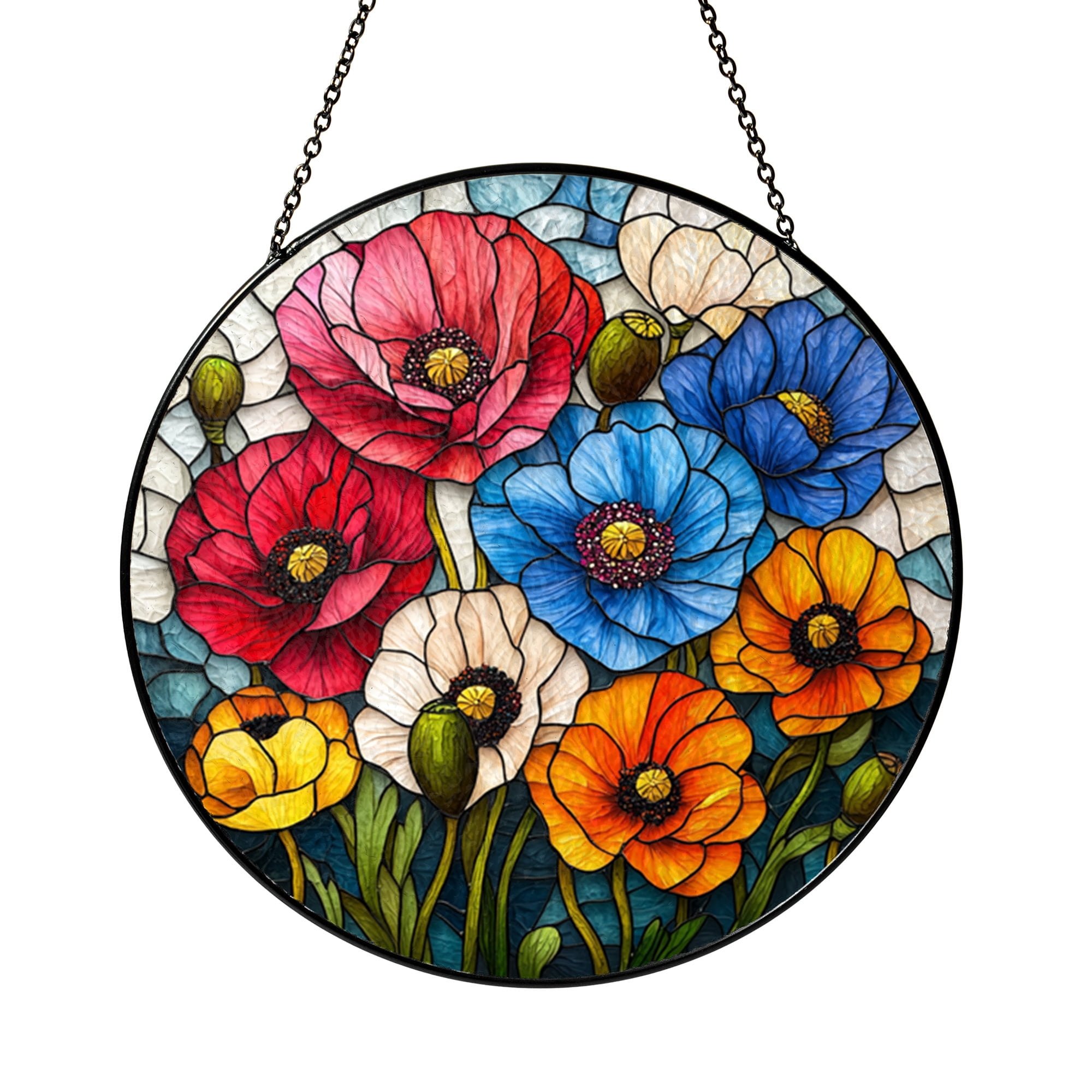 Circular Poppy Stained Glass Panel – Vibrant Flower Window Decor for ...