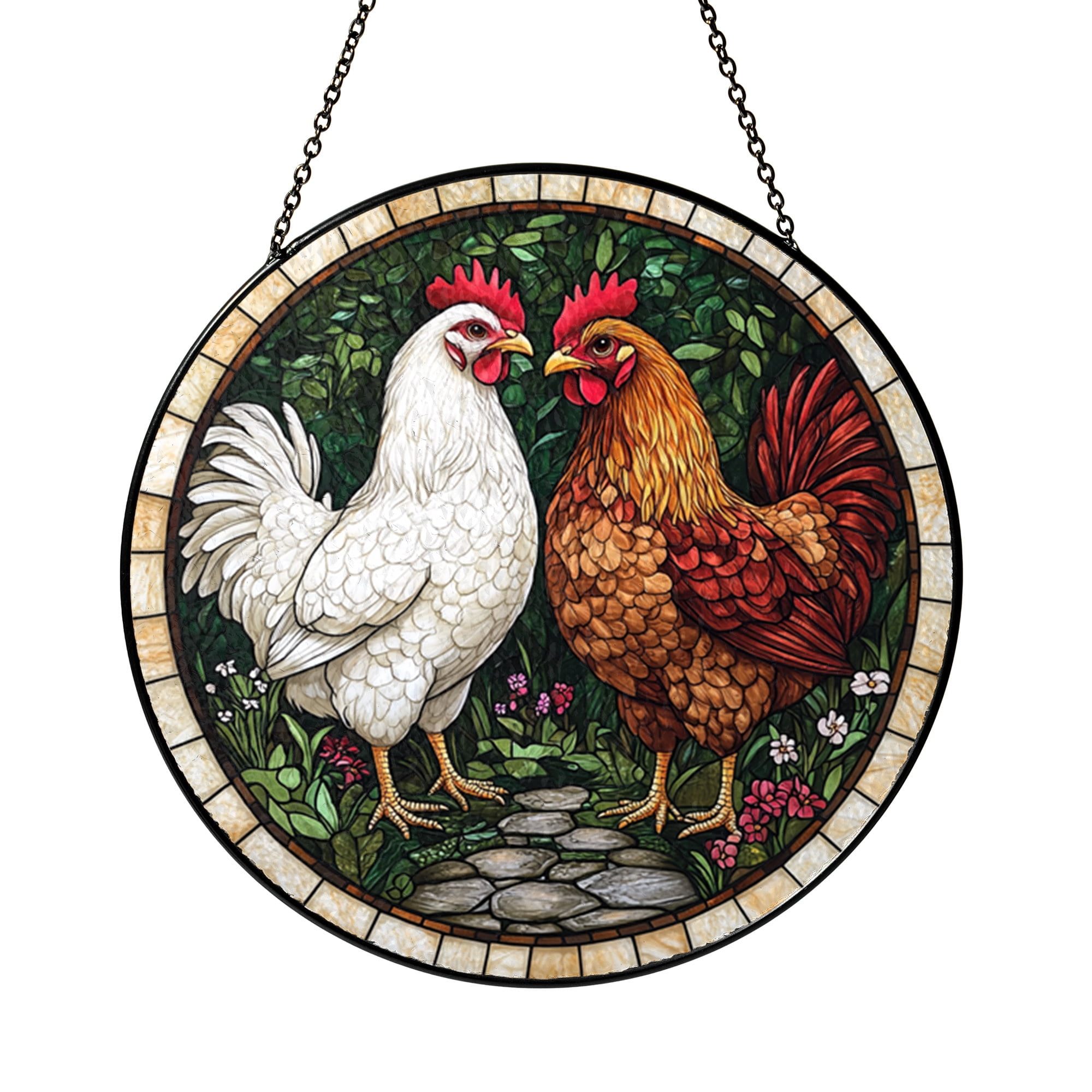 Circular Rooster and Hen Design Stained Glass Style Window Decor ...
