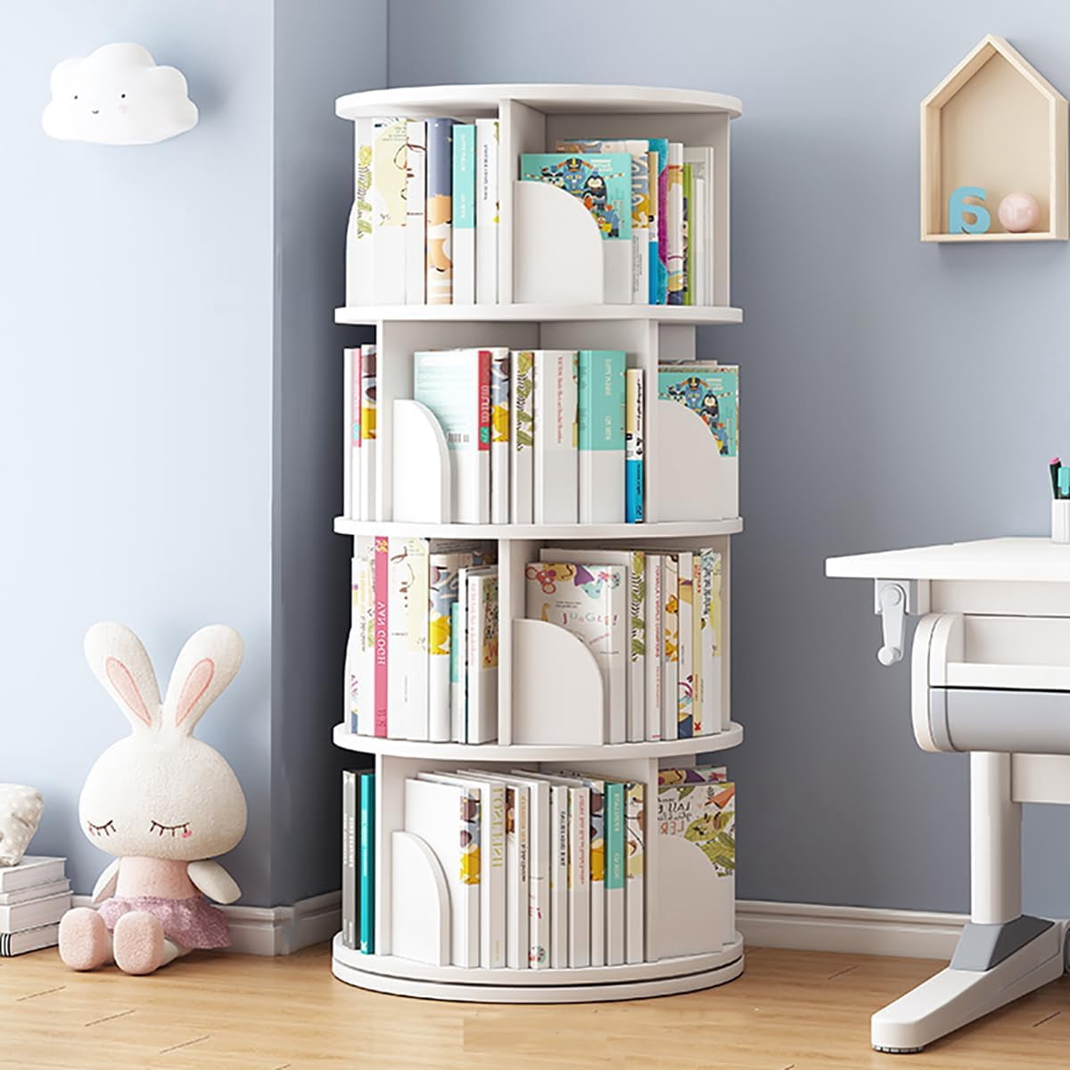Circular Rotating Bookshelf Tower 4/5 Tier Wood Bookcase, 360° Spinning ...