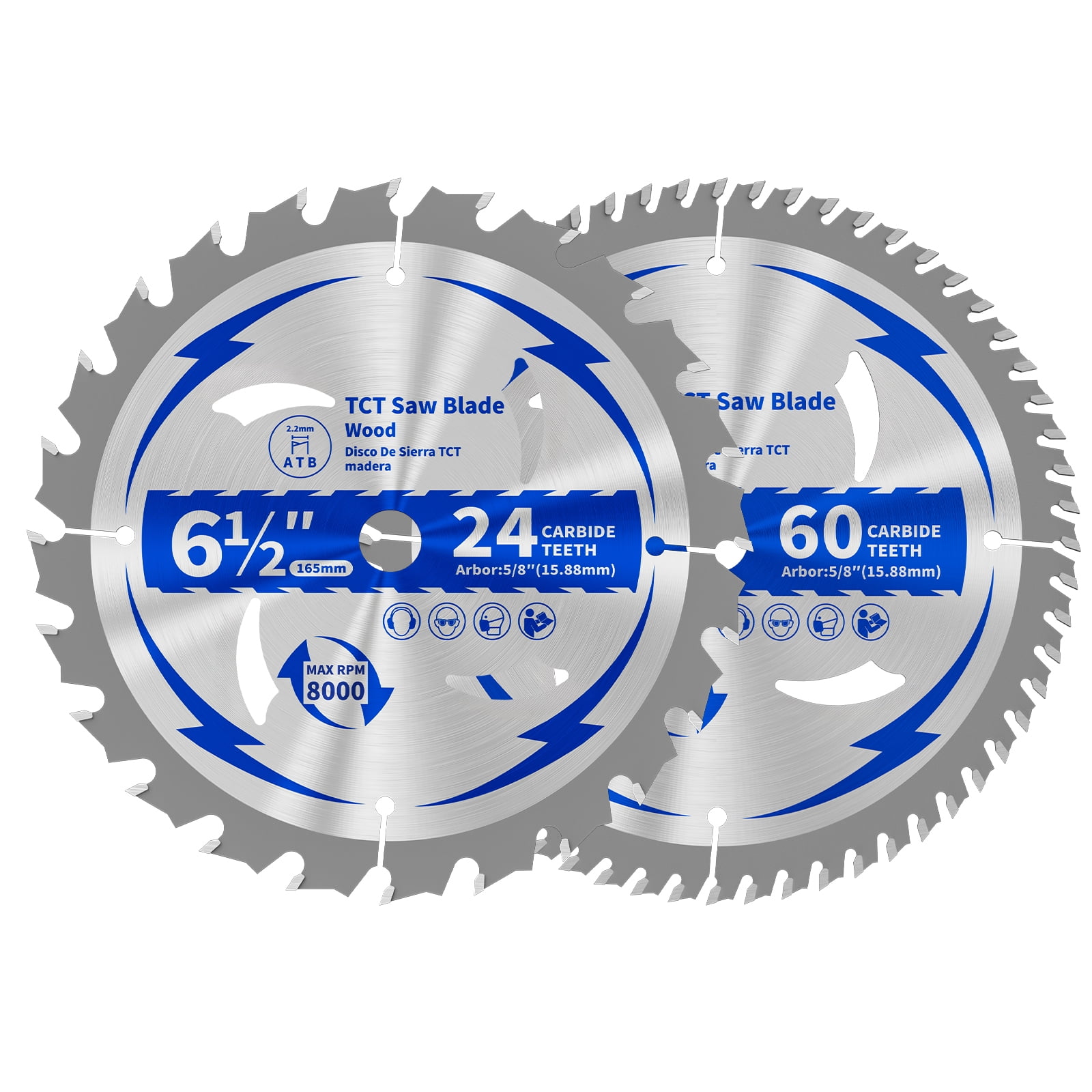 6-1/2 inch Circular Saw Blades Set, 24T & 60T Carbide, 5/8" Arbor, Wood/Plastic/Composite ...