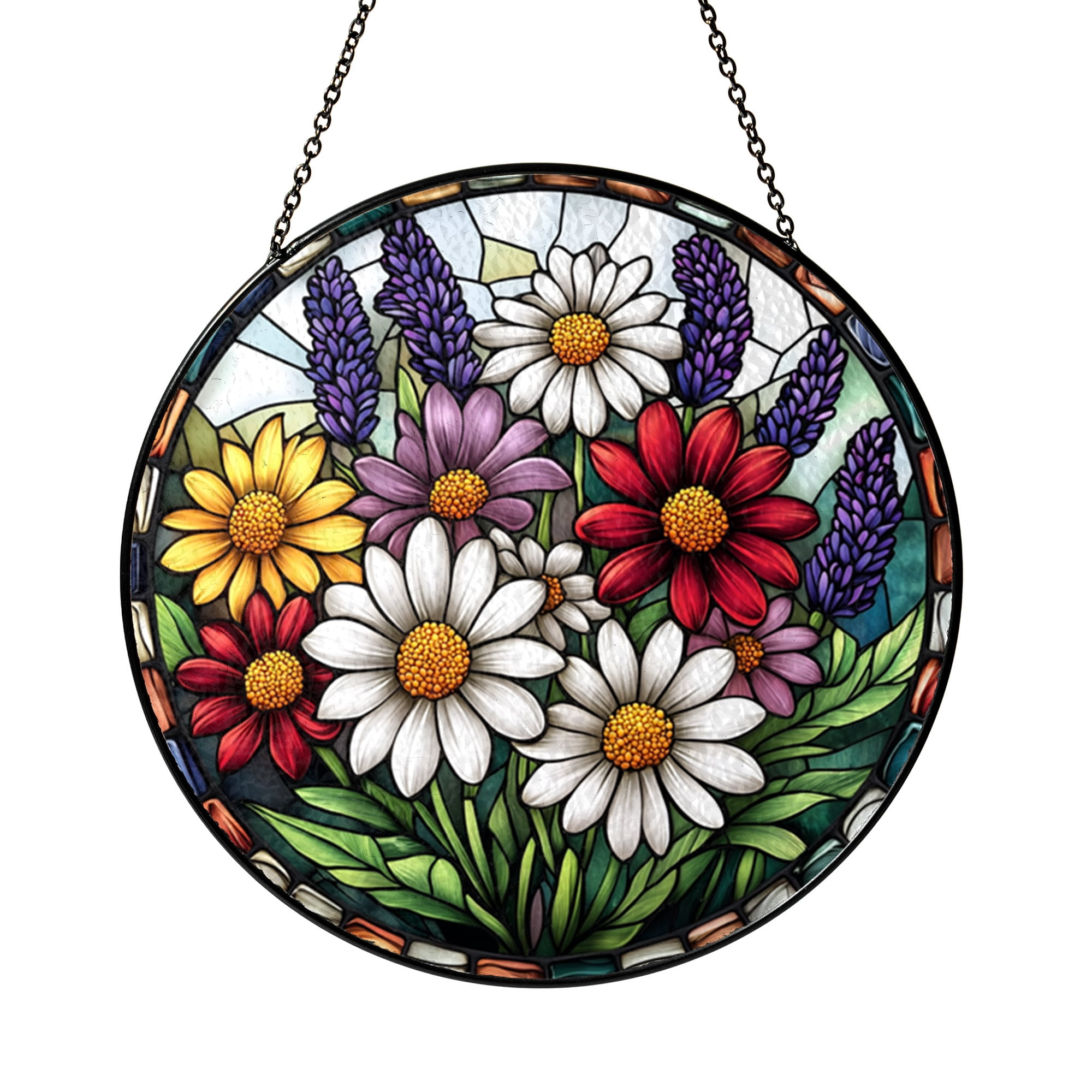 Circular Stained Glass Floral Suncatcher with Red Gerbera Yellow ...