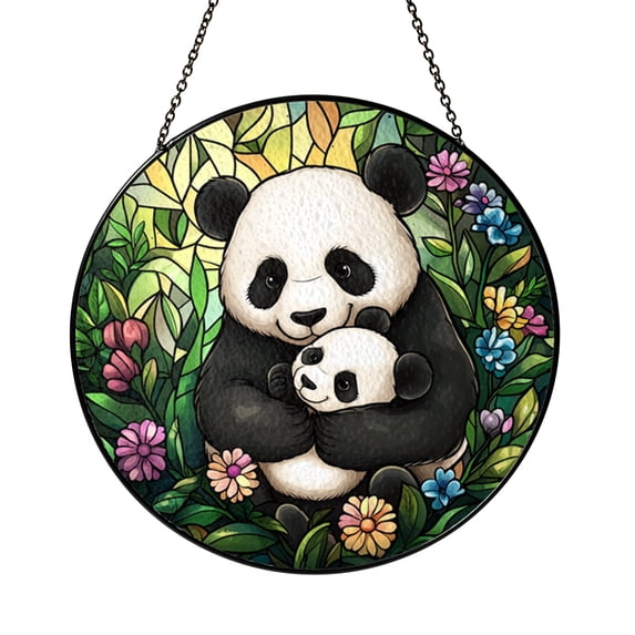 Circular Stained Glass Panda Family Window Art Bamboo Wildlife Scene ...
