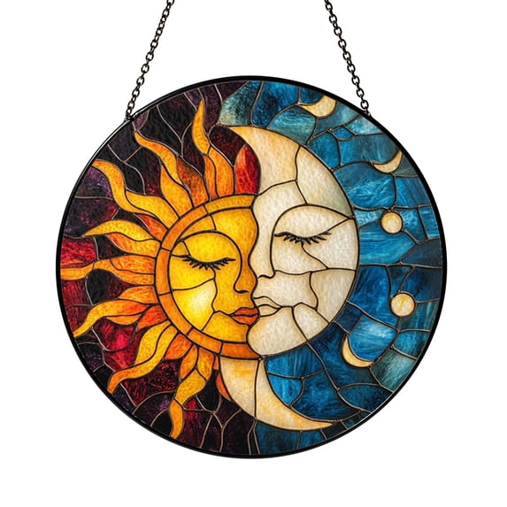 Circular Stained Glass Sun Suncatcher Featuring Expressive Face, Blue ...