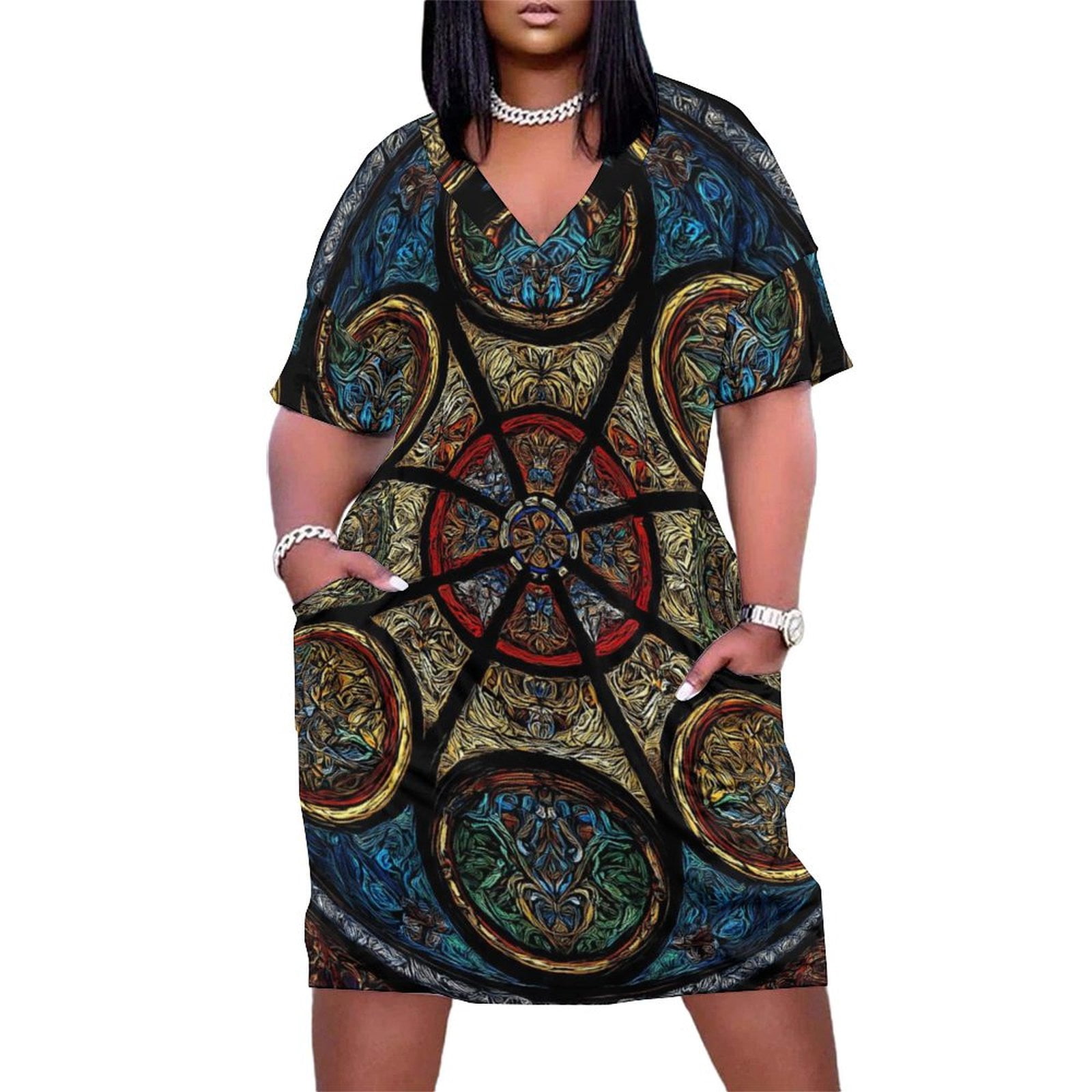 Circular Stained Glass Window Ornate Design Women's Summer Short Sleeve ...