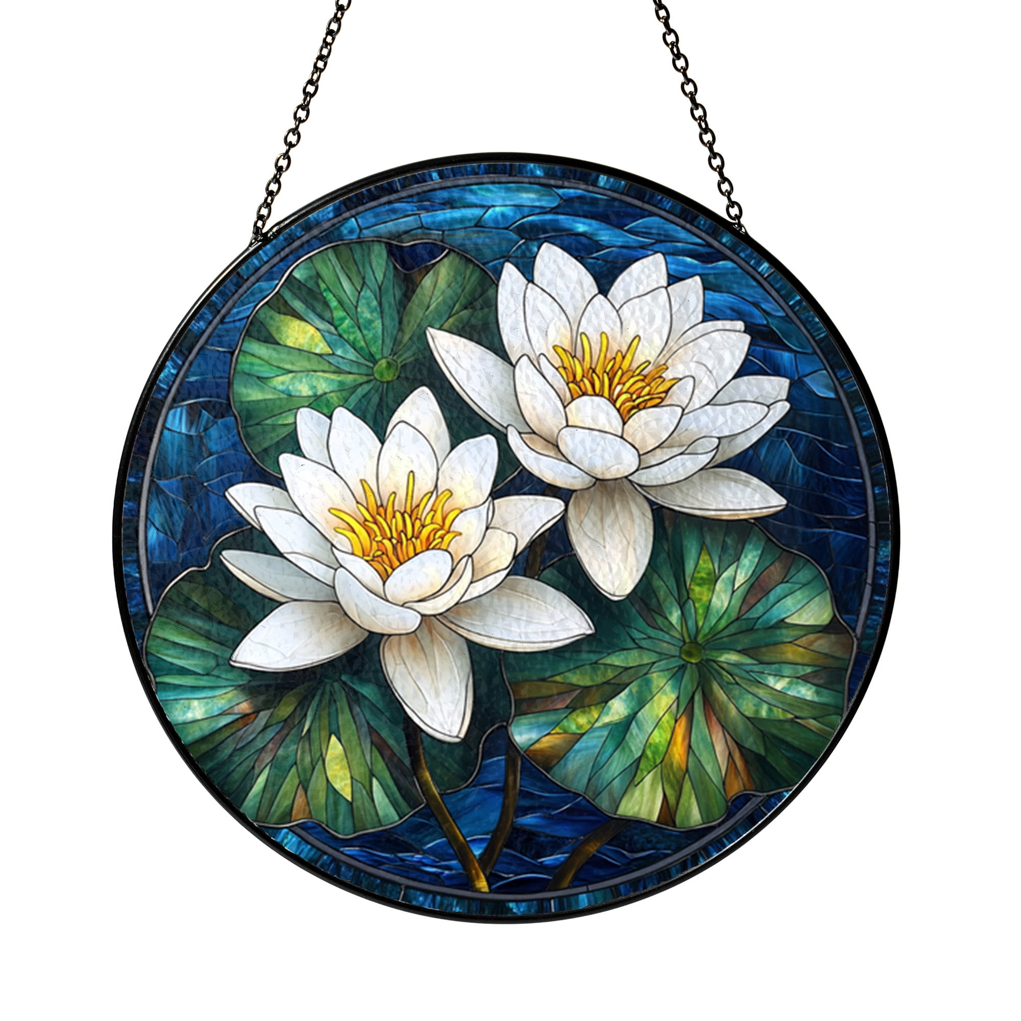Circular Stained Glass Window – White Water Lilies with Green Lily Pads ...