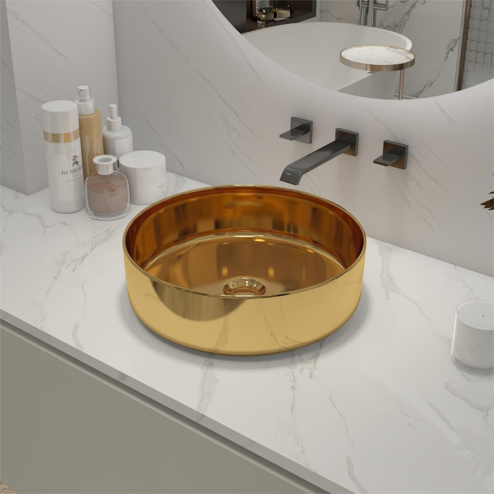 Circular Vessel Bathroom Sink, Ceramic Wash Basin for Bathroom (Pop-up ...