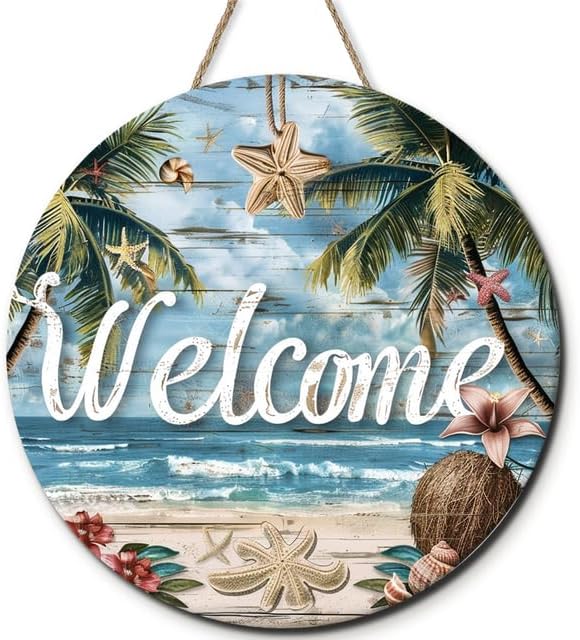 Circular Wood Hello Summer Blue Sign for Front Door Round Wood Summer ...