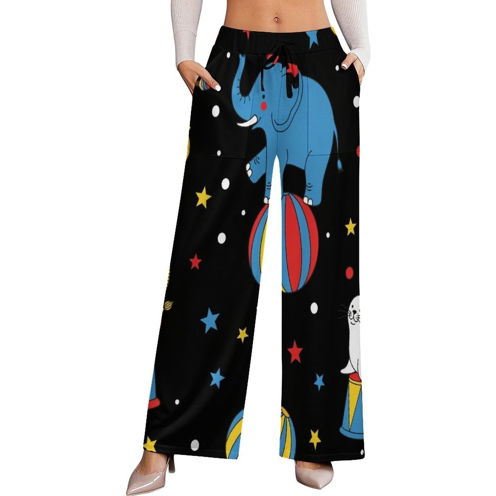 Circus Animals Pattern Print Women's Casual Wide Leg Pants Comfort ...