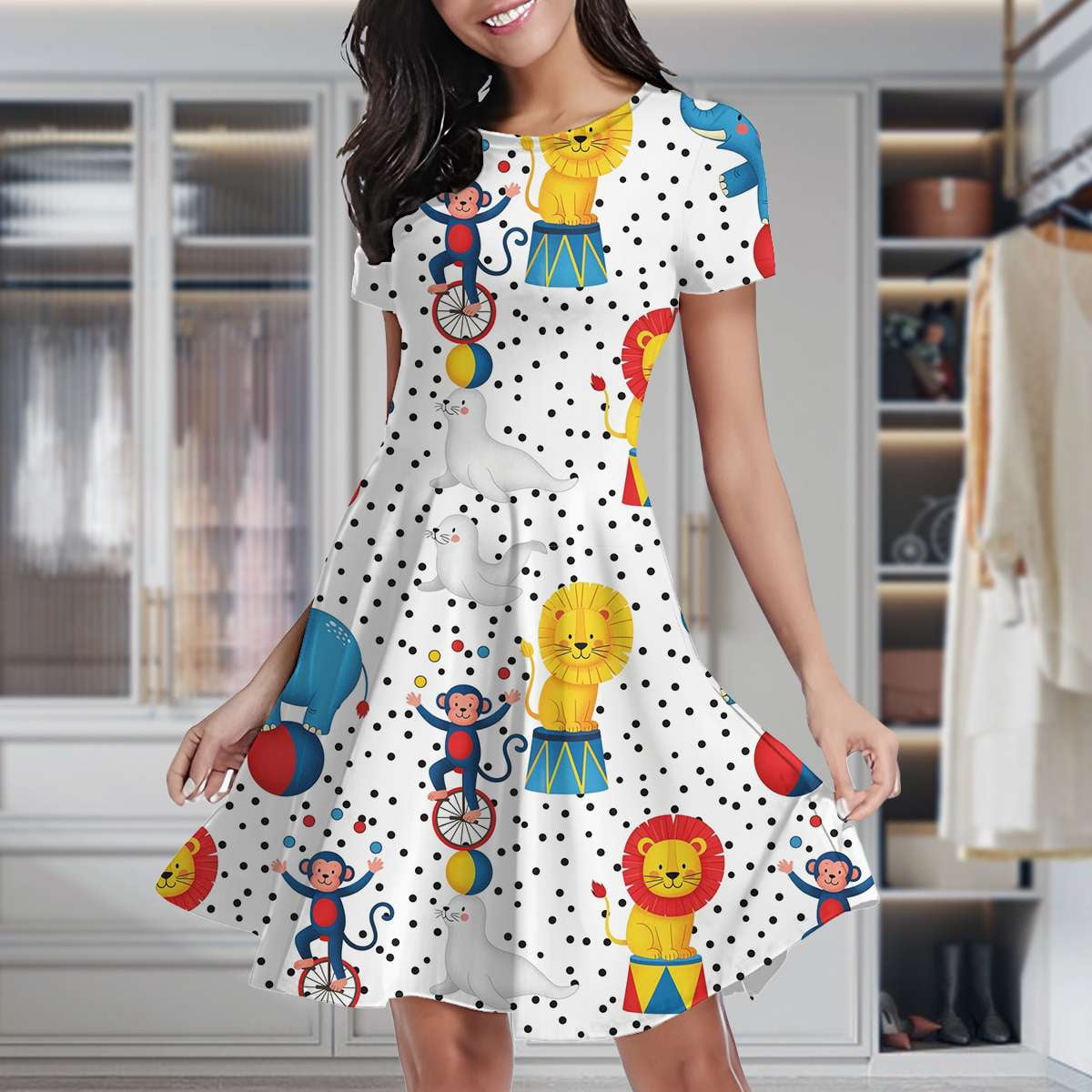 Circus Animals Pattern Print Women's Classic Swing Skater Dress Casual ...